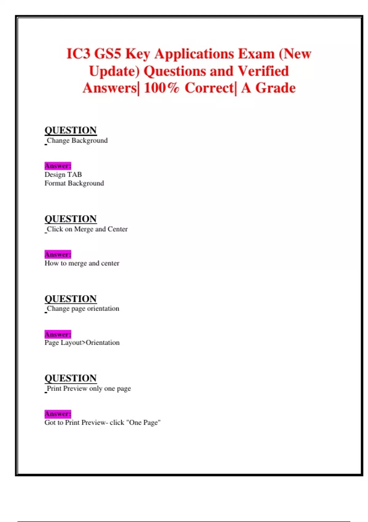 IC3 GS5 Key Applications Exam (New 2024/ 2025 Update) Questions and Verified Answers| 100% ...