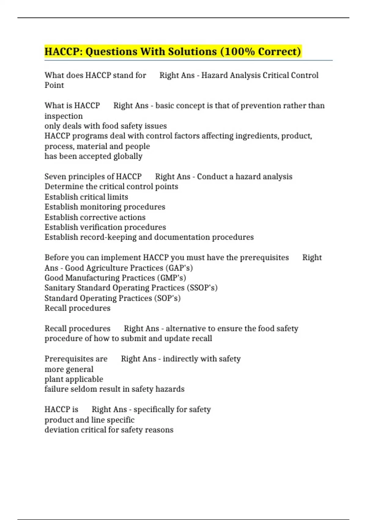 HACCP: Questions With Solutions (100% Correct) - HACCP - Stuvia US