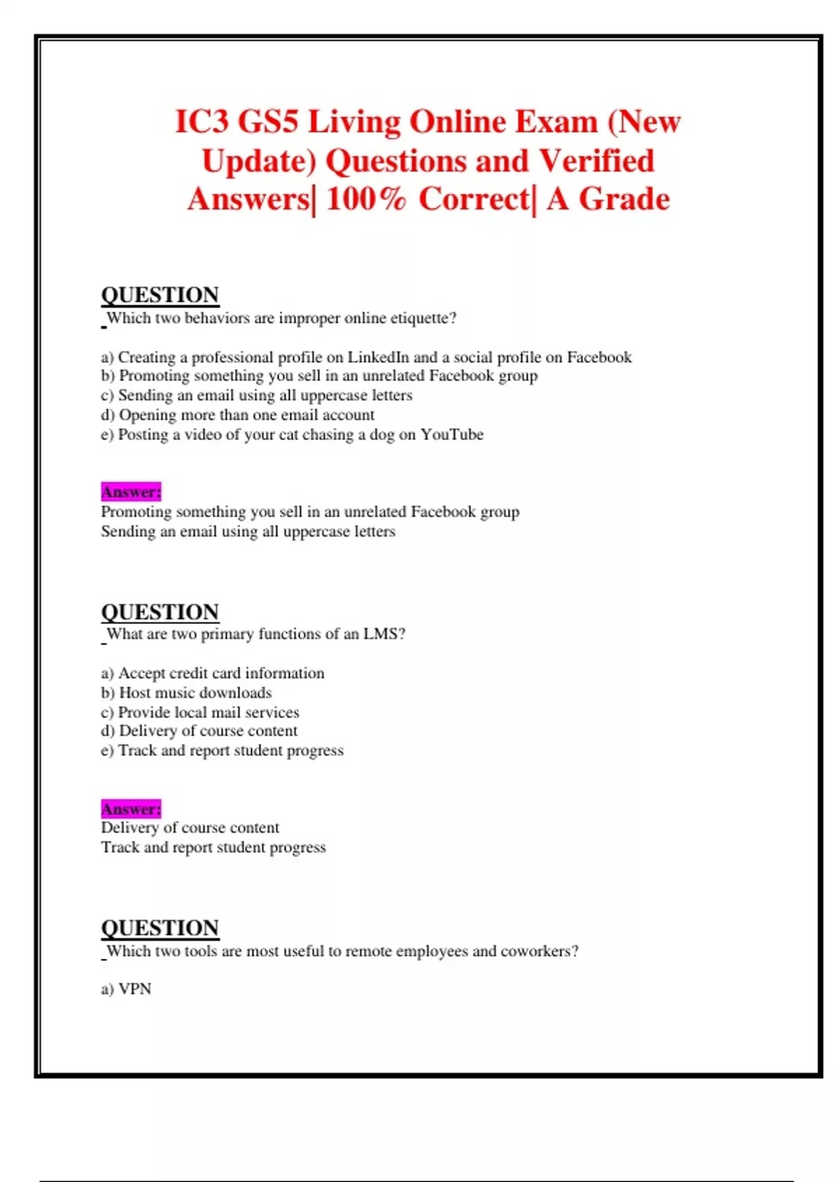 IC3 GS5 Living Online Exam (New 2024/ 2025 Update) Questions and Verified Answers| 100% Correct ...