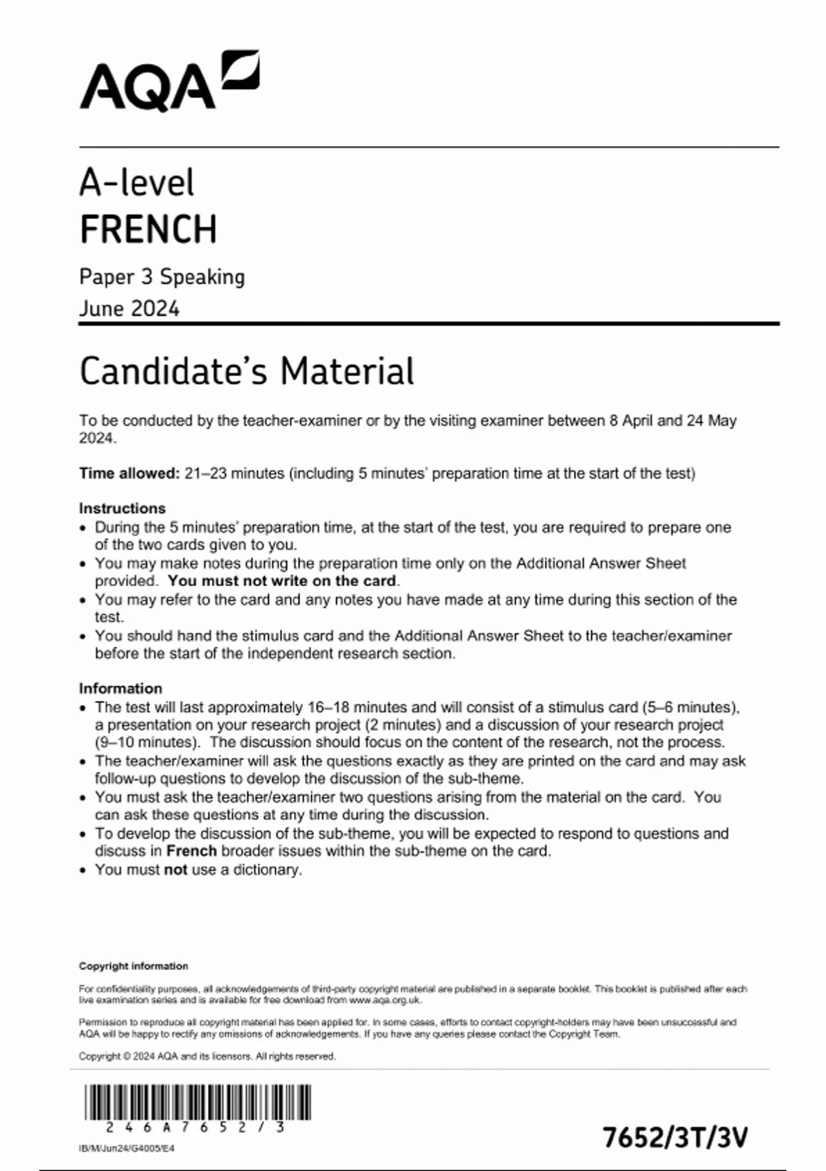 AQA A LEVEL FRENCH PAPER 3 7652/3T-V-PC 2024 - AQA A LEVEL FRENCH PAPER ...