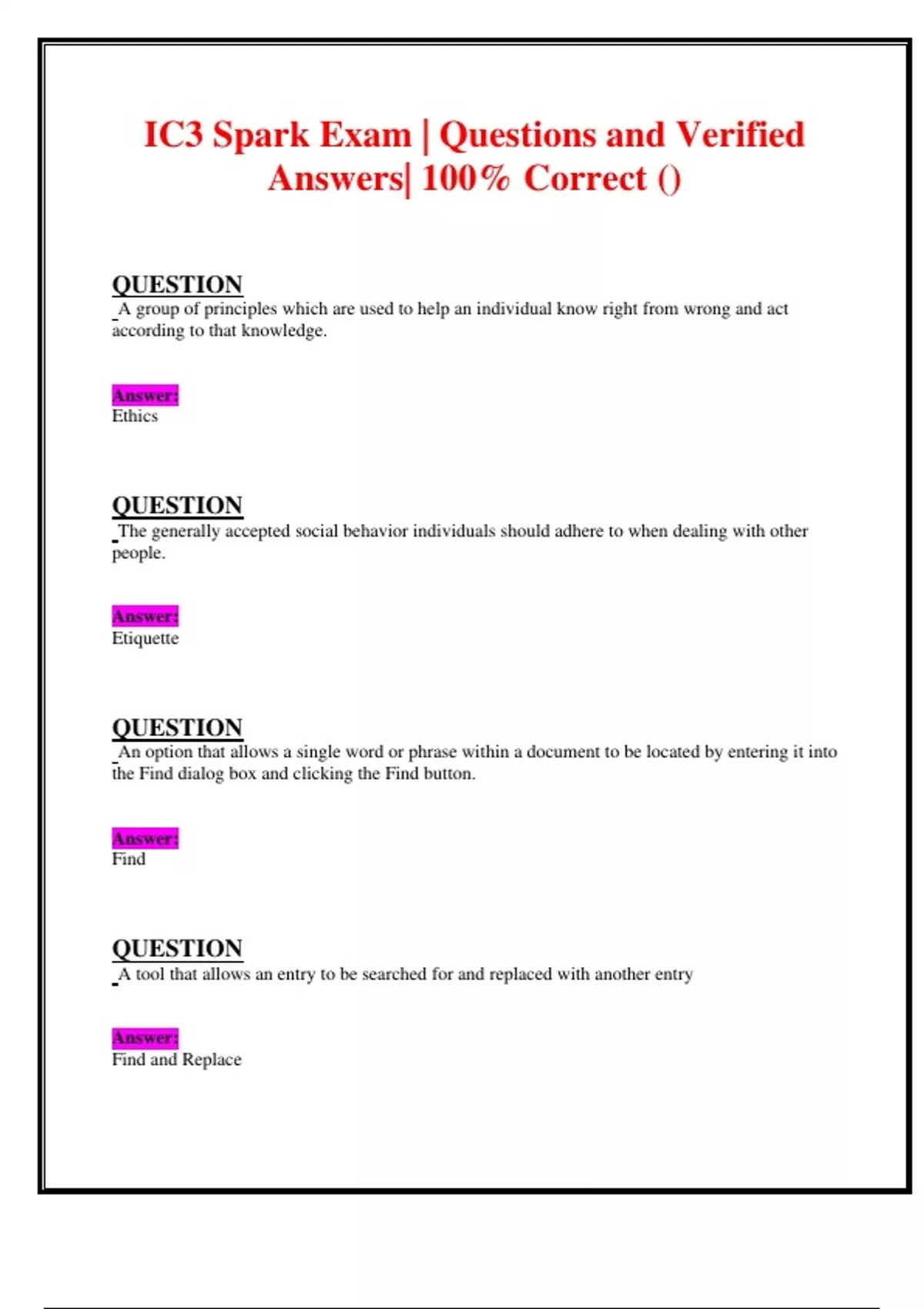 IC3 Spark Exam | Questions and Verified Answers| 100% Correct (2024/ 2025) - IC3 GS5 - Stuvia US