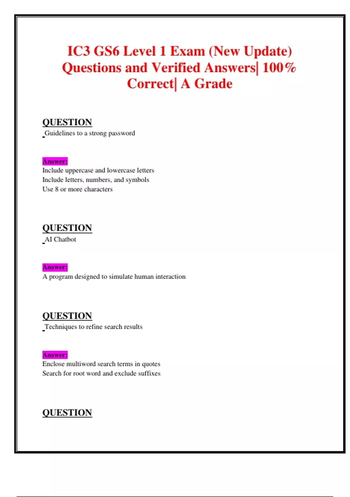 IC3 GS6 Level 1 Exam (New 2024/ 2025 Update) Questions and Verified Answers| 100% Correct| A ...