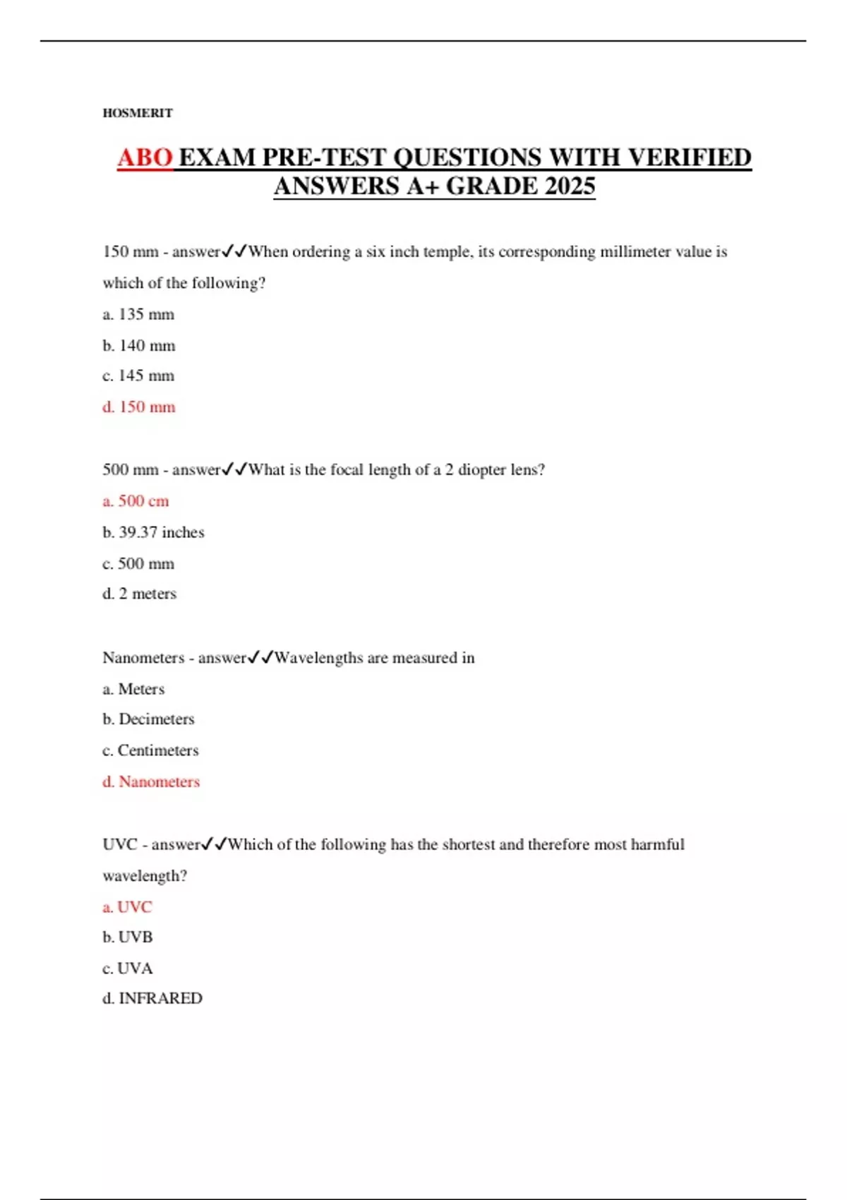 ABO EXAM PRE-TEST QUESTIONS WITH VERIFIED ANSWERS A+ GRADE 2025 - ABO ...