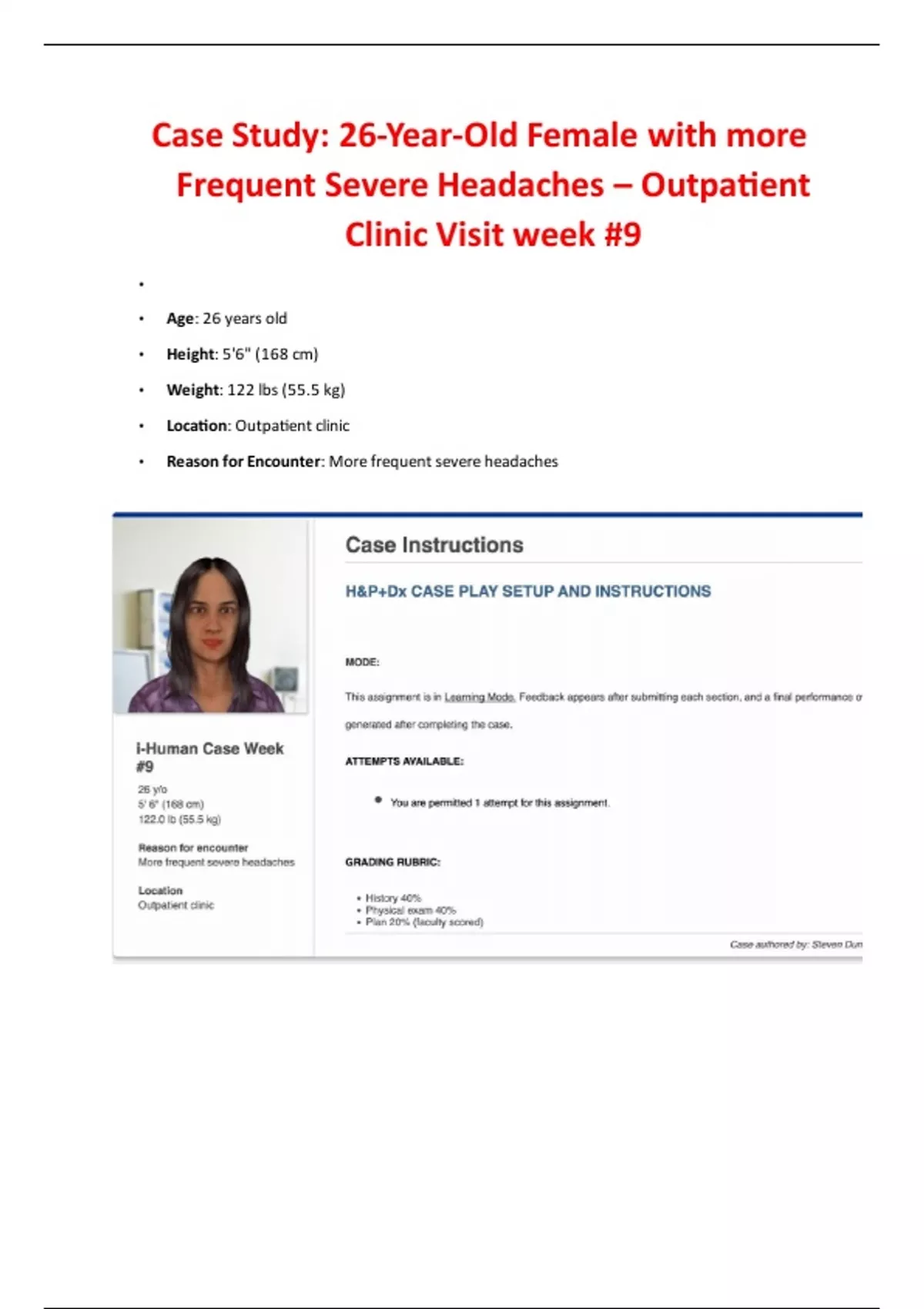 Week #9 26-Year-Old Female with more Frequent Severe Headaches class ...