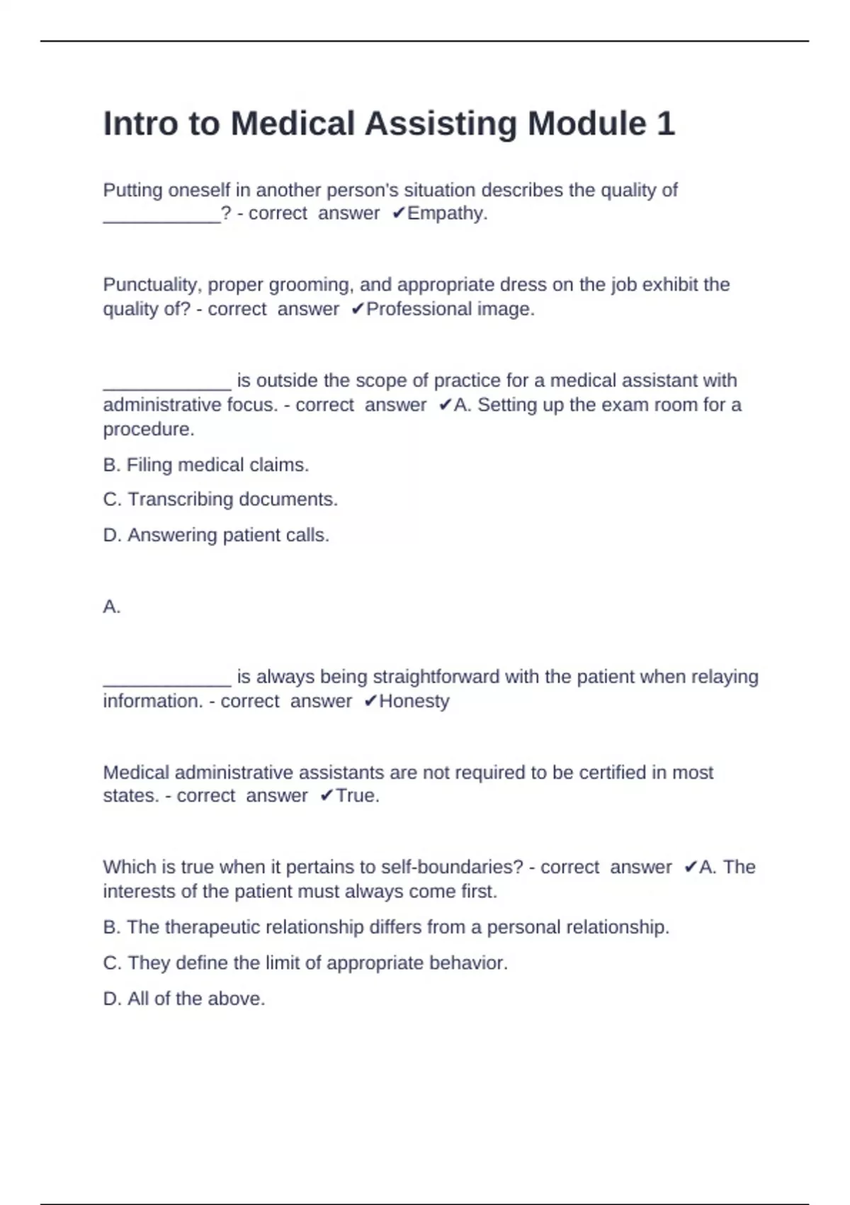 Intro to Medical Assisting Module 1 questions and answers certified ...