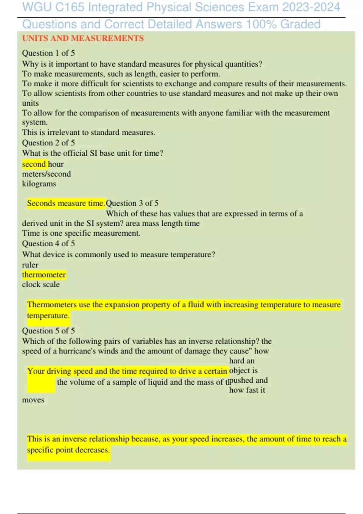 WGU C165 Integrated Physical Sciences Exam Questions and Correct ...