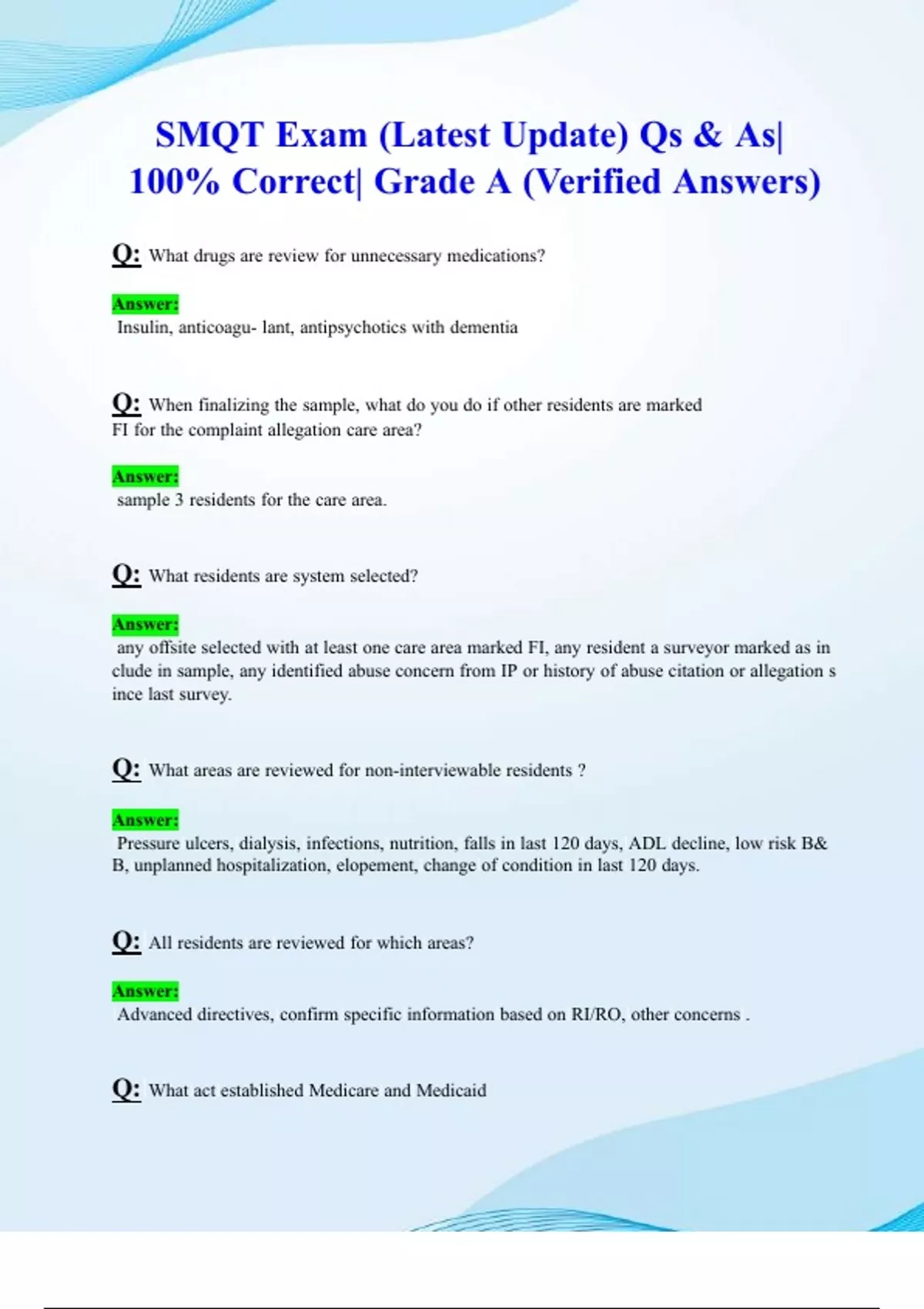 SMQT Exam (Latest 2024/ 2025 Update) Qs & As| 100% Correct| Grade A ...