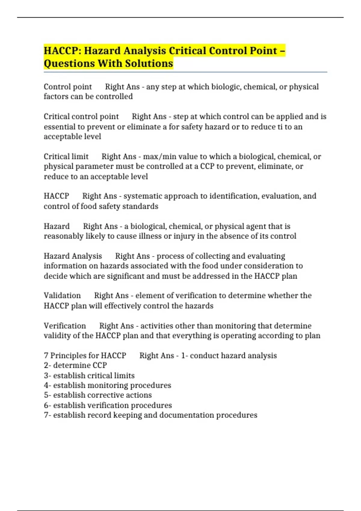 HACCP: Hazard Analysis Critical Control Point – Questions With Solutions - HACCP - Stuvia