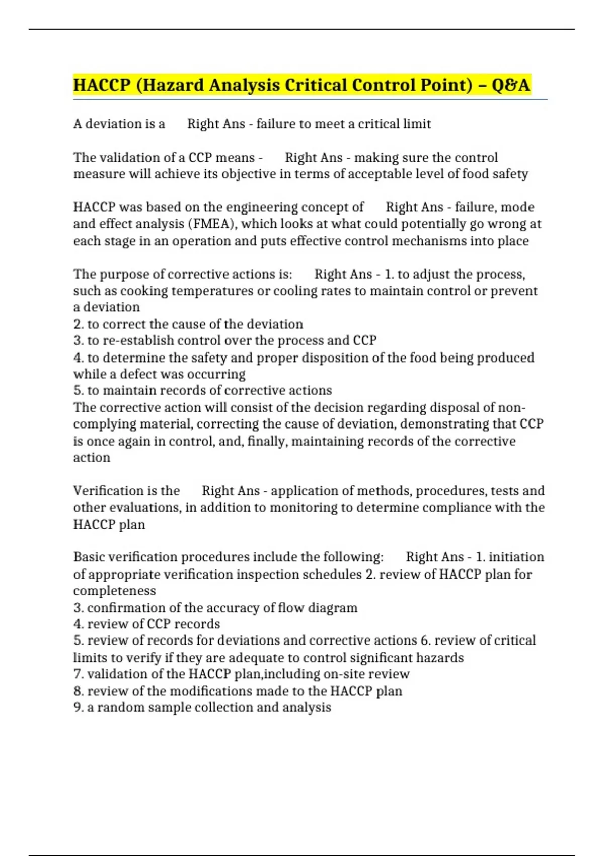 HACCP (Hazard Analysis Critical Control Point) – Q&A - HACCP - Stuvia