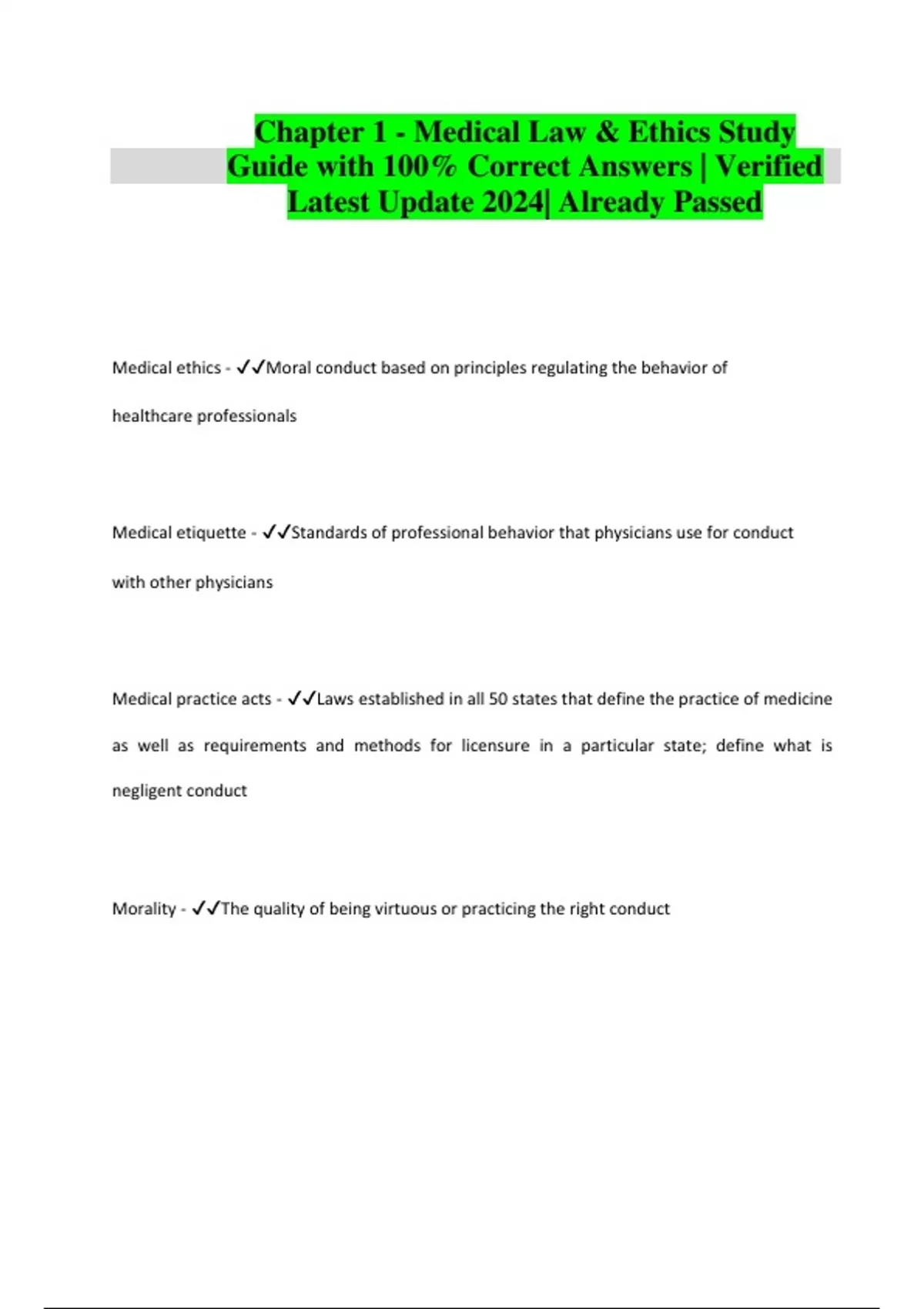 Chapter 1 - Medical Law & Ethics Study Guide with 100% Correct Answers ...