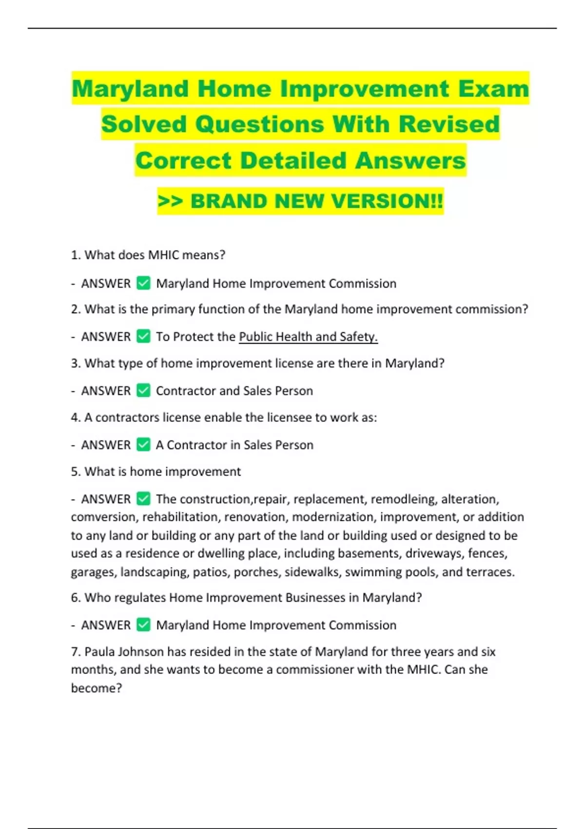 Maryland Home Improvement Exam Solved Questions With Revised Correct ...
