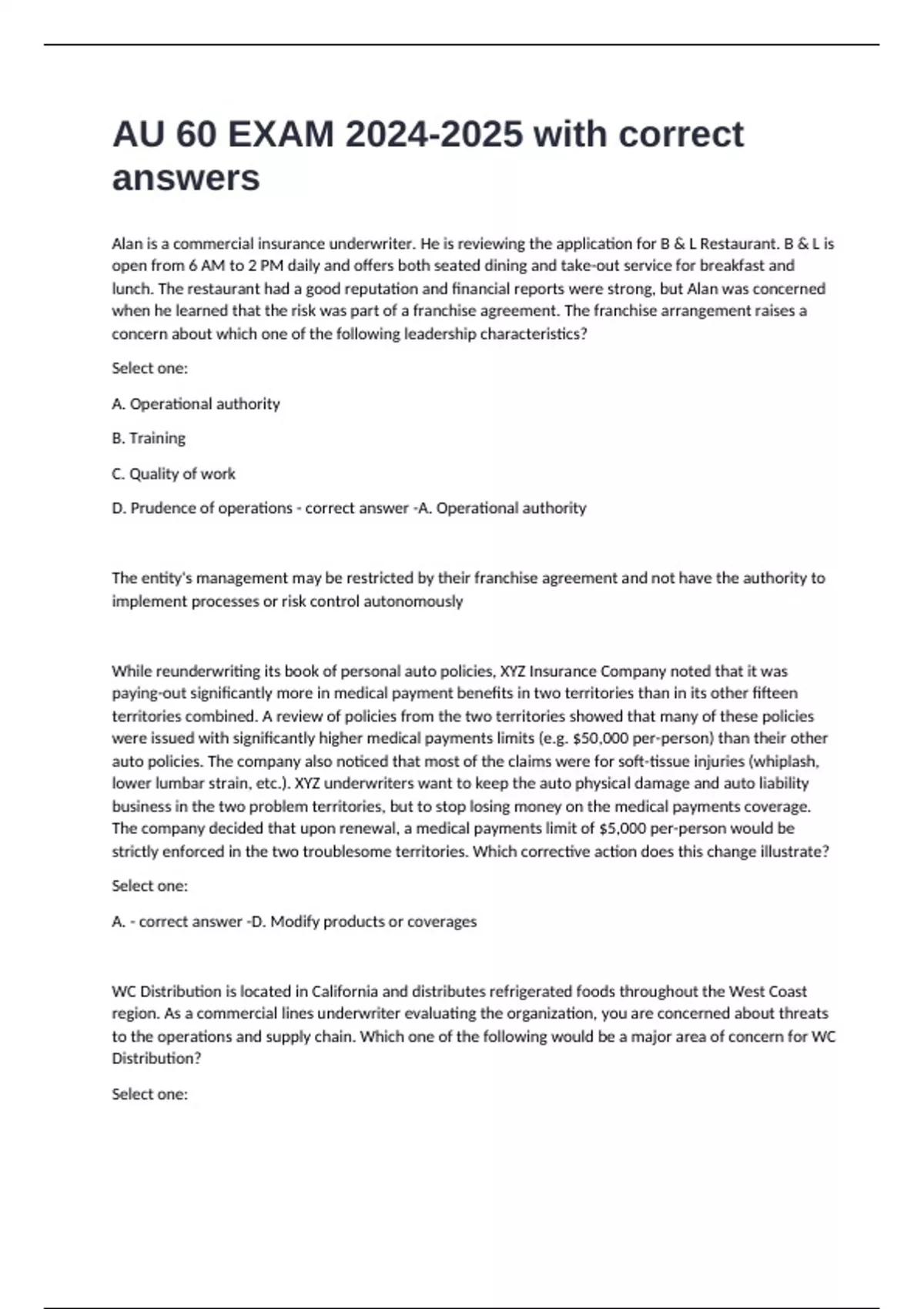 AU 60 EXAM with correct answers - AU 60 - Stuvia US