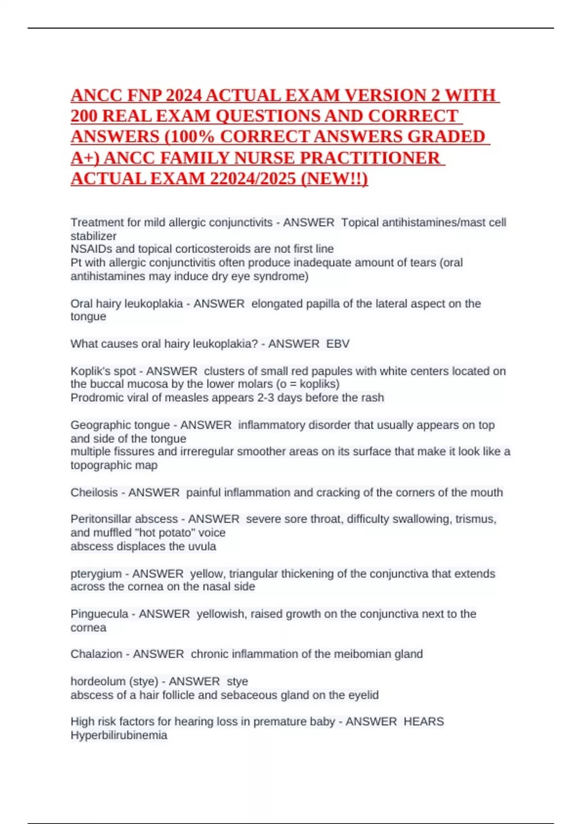 ANCC FNP 2024 ACTUAL EXAM VERSION 2 WITH 200 REAL EXAM QUESTIONS AND ...