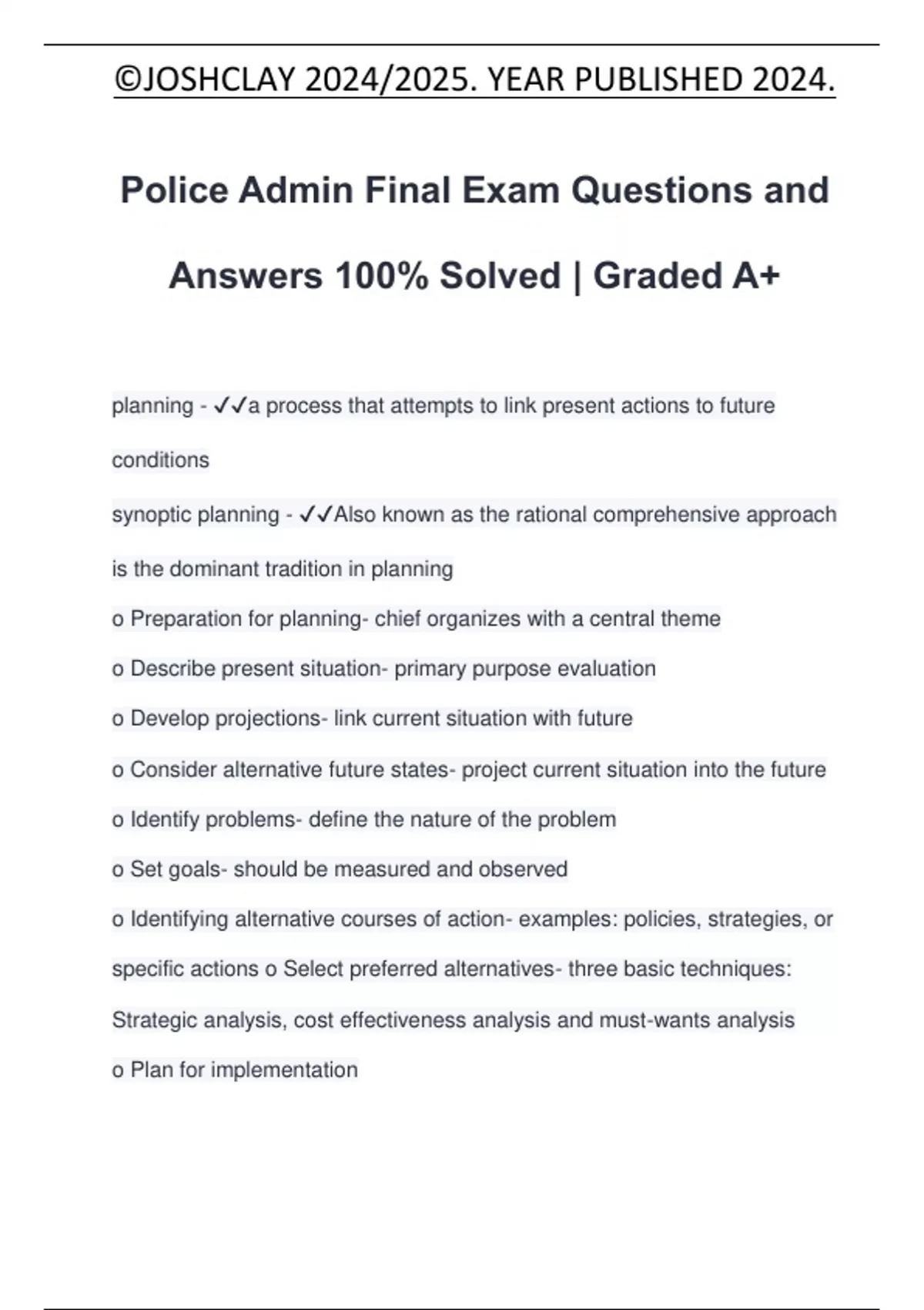 Police Admin Final Exam Questions and Answers 100% Solved | Graded A+ ...