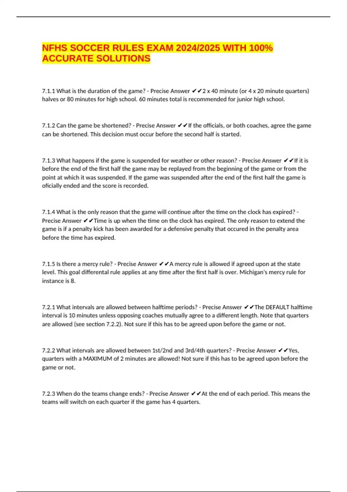 NFHS SOCCER RULES EXAM 2024/2025 WITH 100% ACCURATE SOLUTIONS - NFHS ...