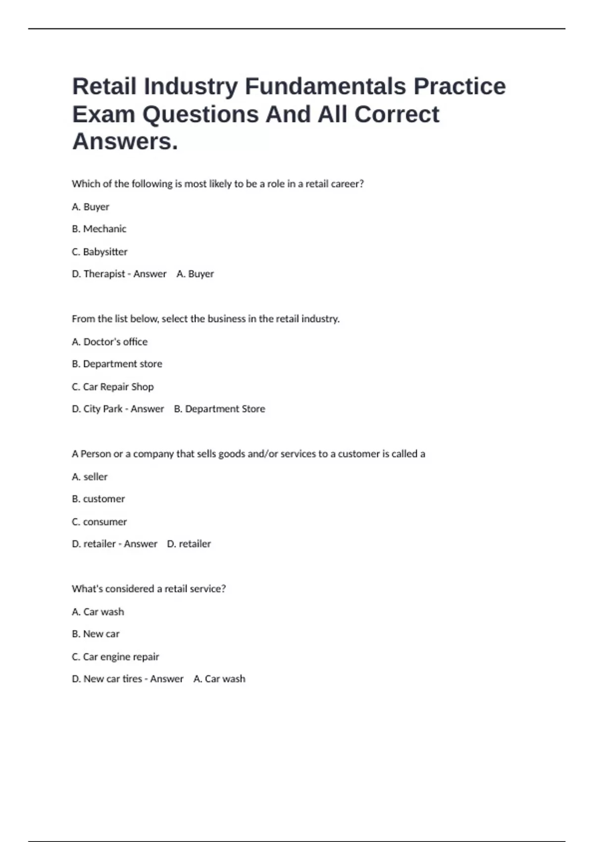 Retail Industry Fundamentals Practice Exam Questions And All Correct Answers. - Retail Industry ...