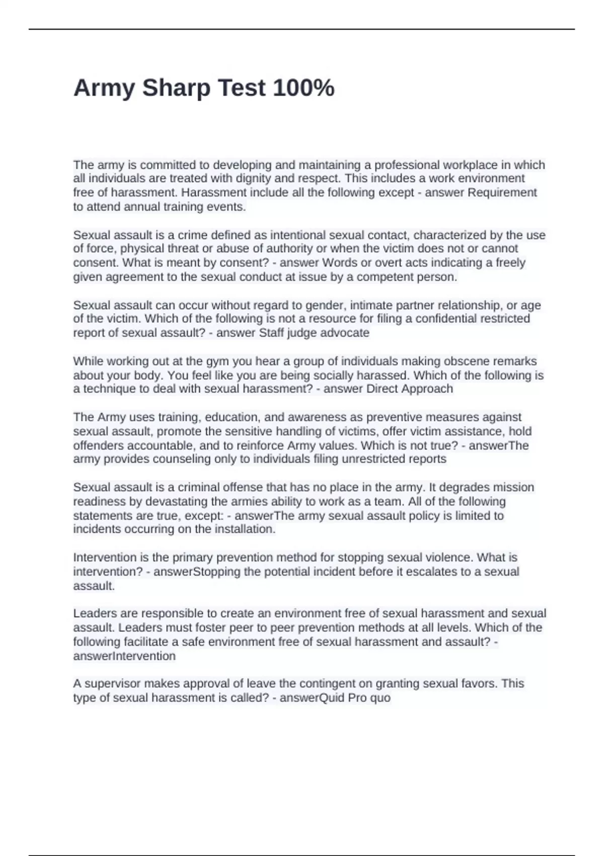 Army Sharp Test 100 Questions with Solutions - SHARP - Stuvia US