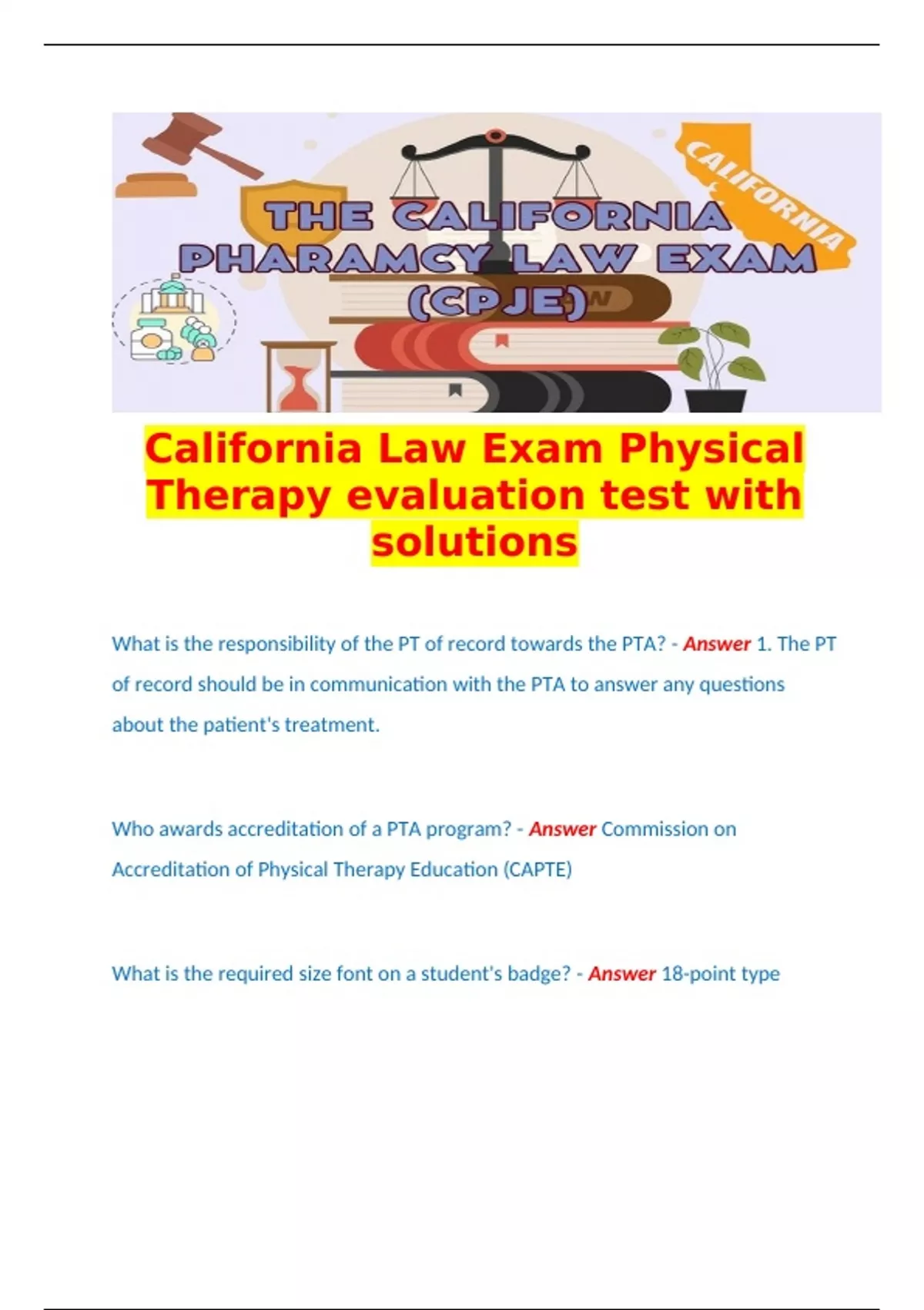 California Law Exam Physical Therapy evaluation test with solutions ...
