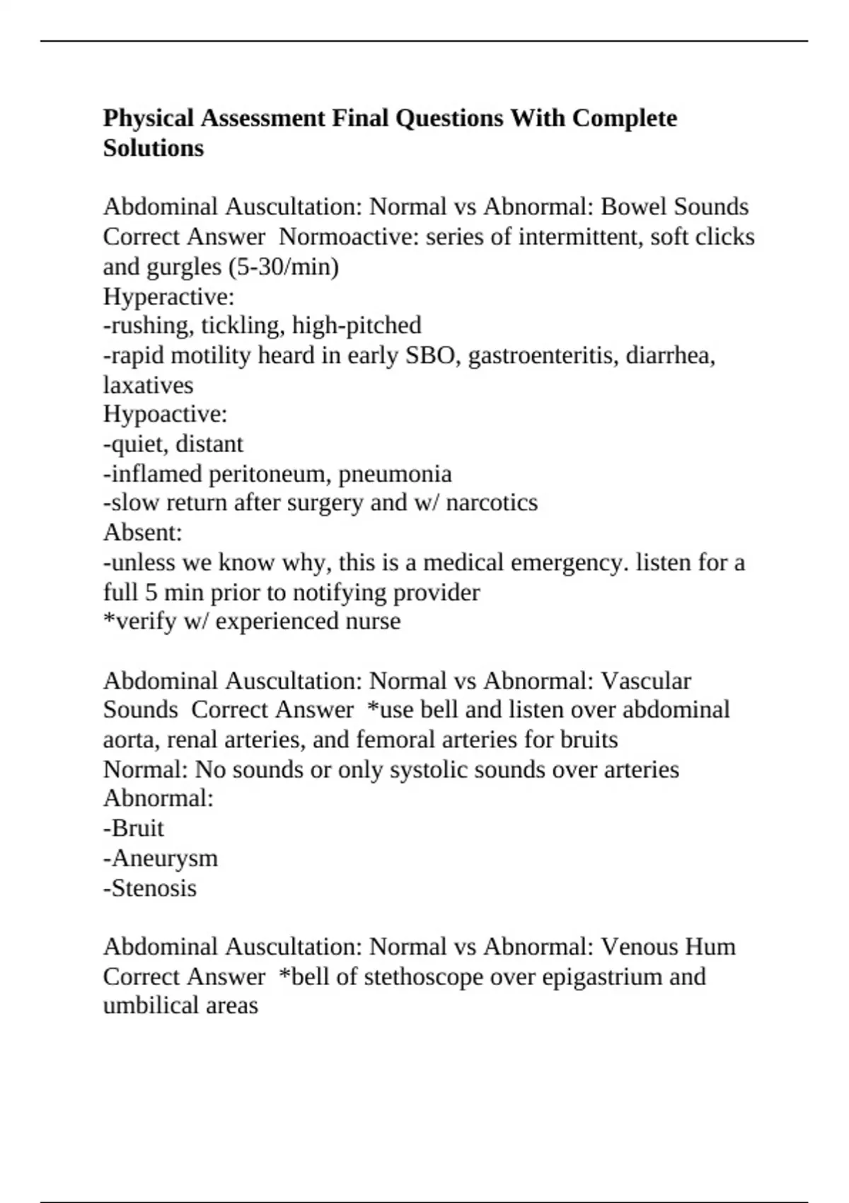 Physical Assessment Final Questions With Complete Solutions - Physical ...