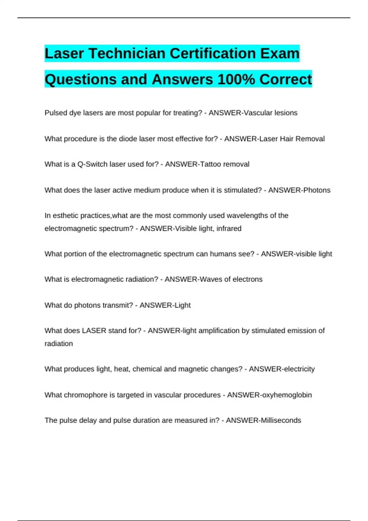 Laser Technician Certification Exam Questions and Answers 100% Correct ...