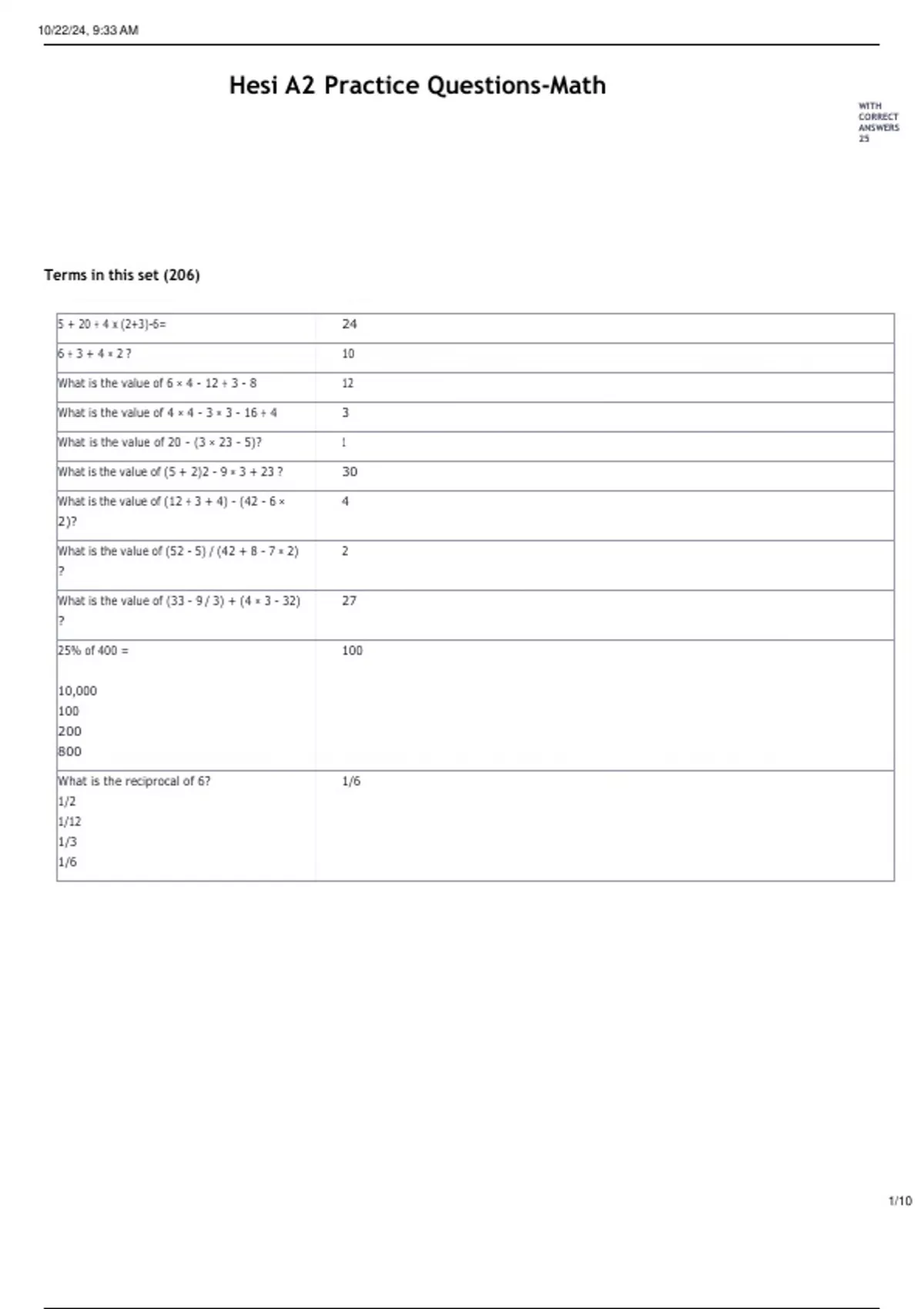Hesi A2 Practice Questions-Math WITH CORRECT ANSWERS - CGFM - Certified ...