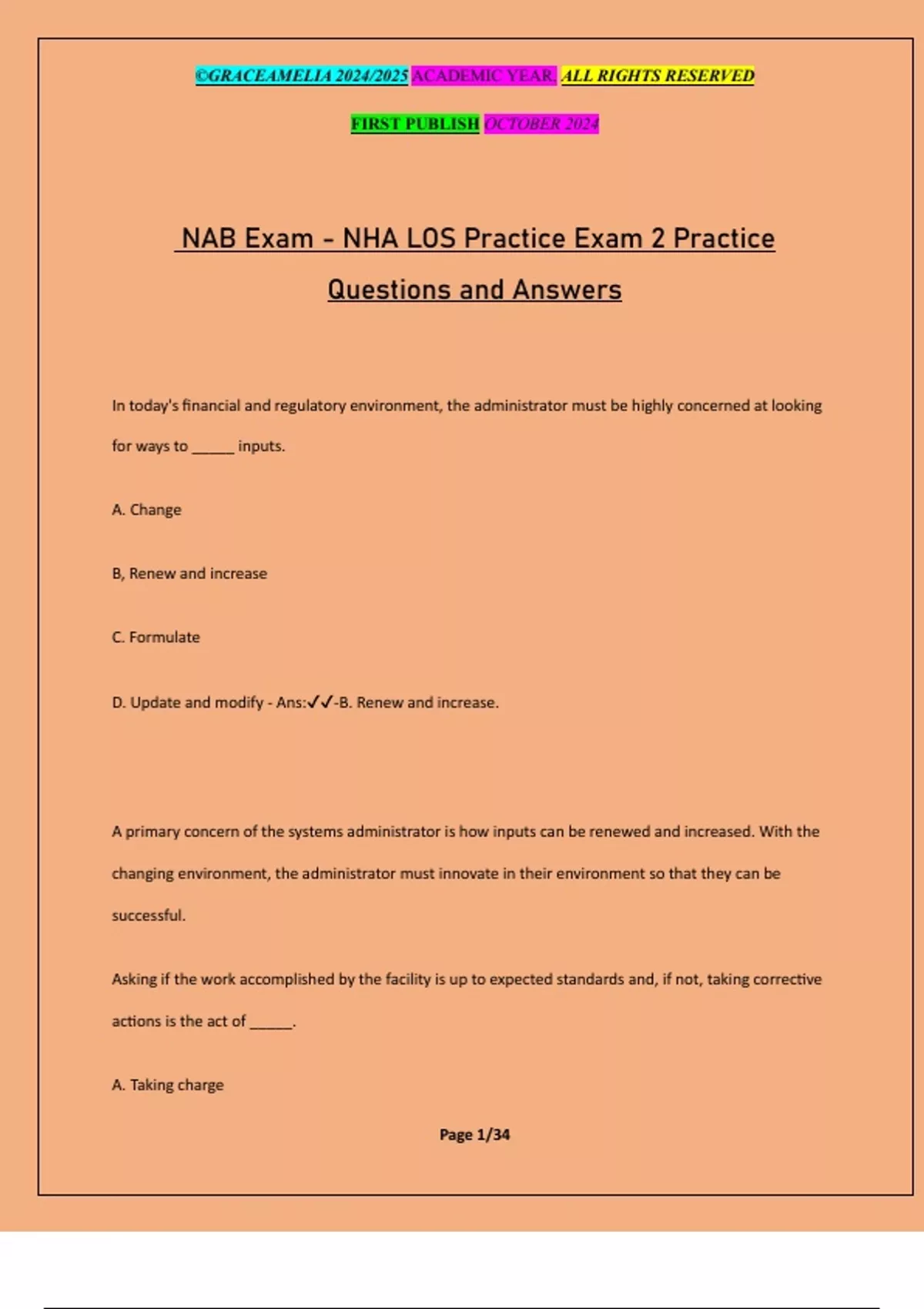 NAB Exam - NHA LOS Practice Exam 2 Practice Questions and Answers - Nab ...
