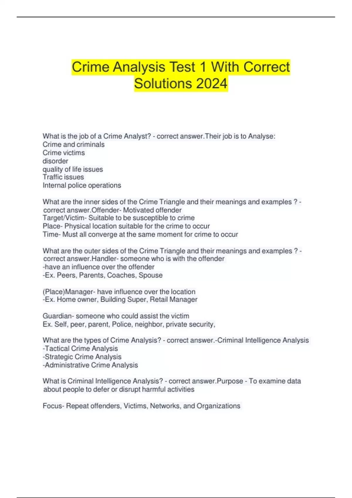 Crime Analysis Test 1 With Correct Solutions 2024 - Crime Analysis ...