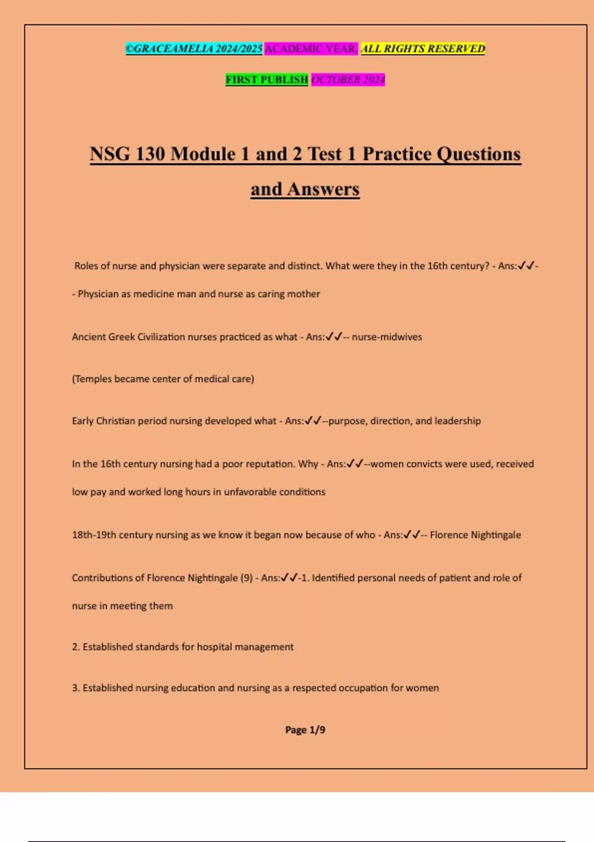 NSG 130 Module 1 and 2 Test 1 Practice Questions and Answers - NSG ...