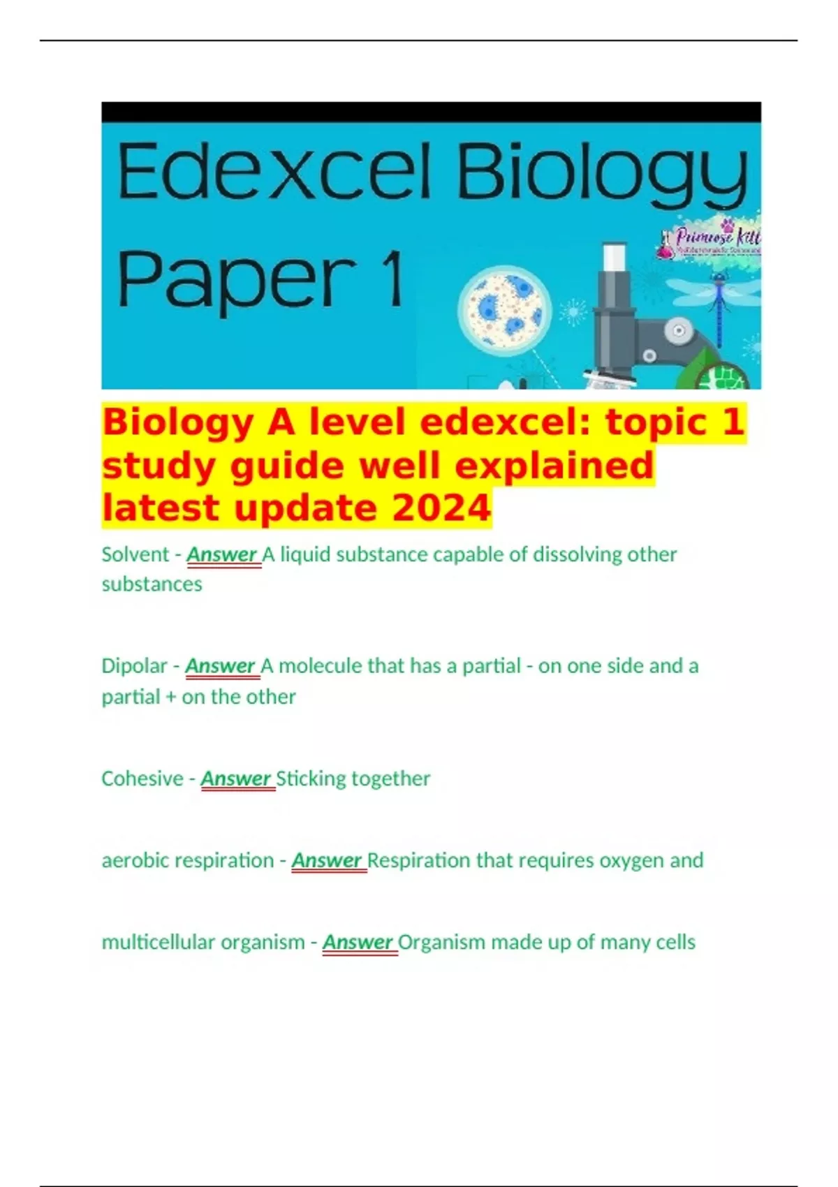 Biology A level edexcel: topic 1 study guide well explained latest ...