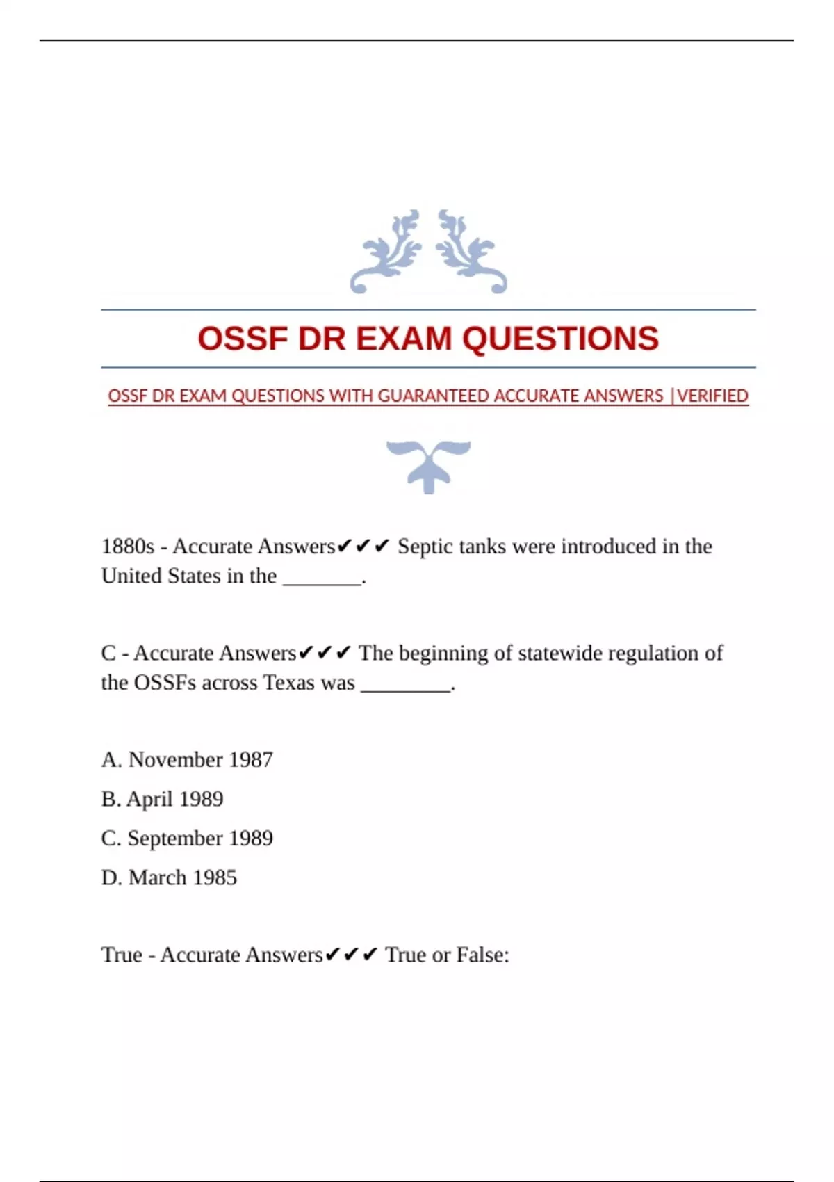 OSSF DR EXAM QUESTIONS WITH GUARANTEED ACCURATE ANSWERS |VERIFIED ...