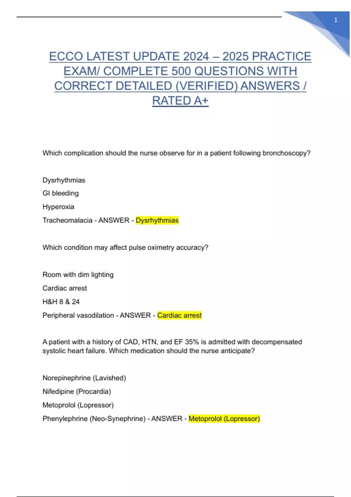 ECCO LATEST UPDATE 2024 – 2025 PRACTICE EXAM/ COMPLETE 500 QUESTIONS ...
