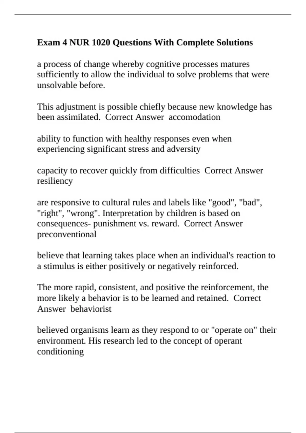 Exam 4 NUR 1020 Questions With Complete Solutions - NUR 1020 - Stuvia US