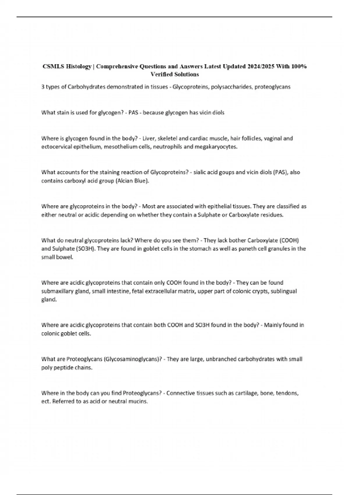 CSMLS Histology | Comprehensive Questions and Answers Latest Updated ...