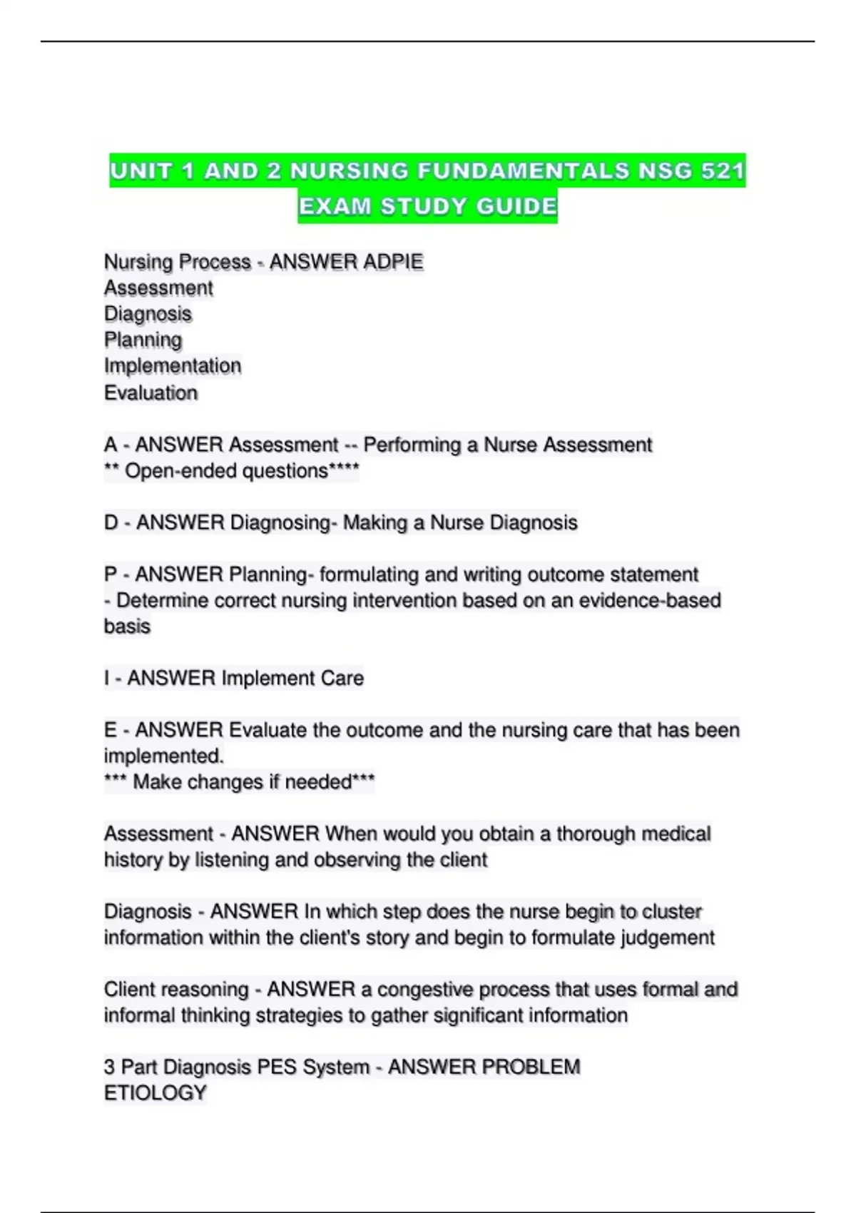 UNIT 1 AND 2 NURSING FUNDAMENTALS NSG 521 EXAM STUDY GUIDE - NSG 521 ...