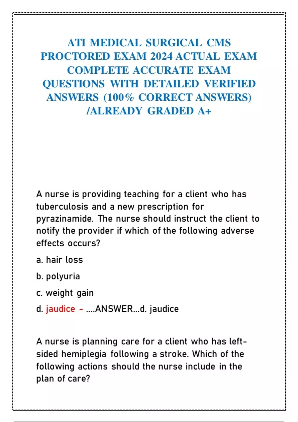 Ati Medical Surgical Cms Proctored Exam 2024 Actual Exam Complete Accurate Exam Questions With