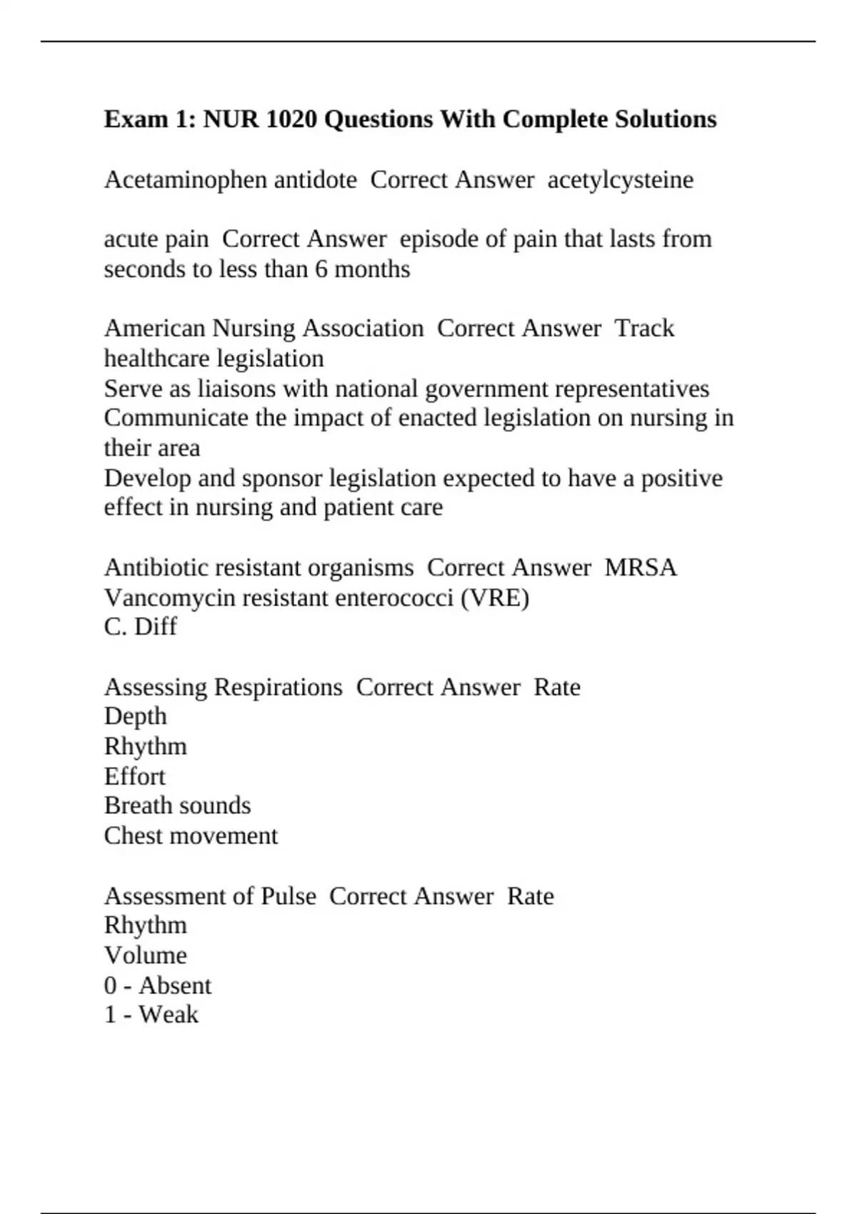 Exam 1: NUR 1020 Questions With Complete Solutions - NUR 1020 - Stuvia US