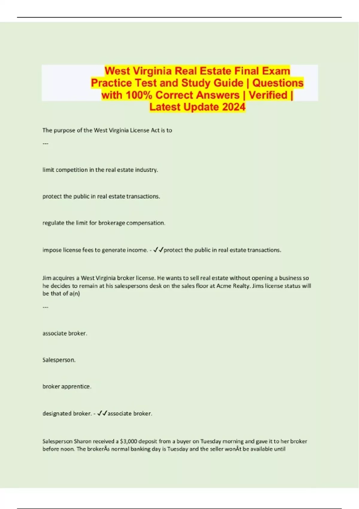 West Virginia Real Estate Final Exam Practice Test and Study Guide ...