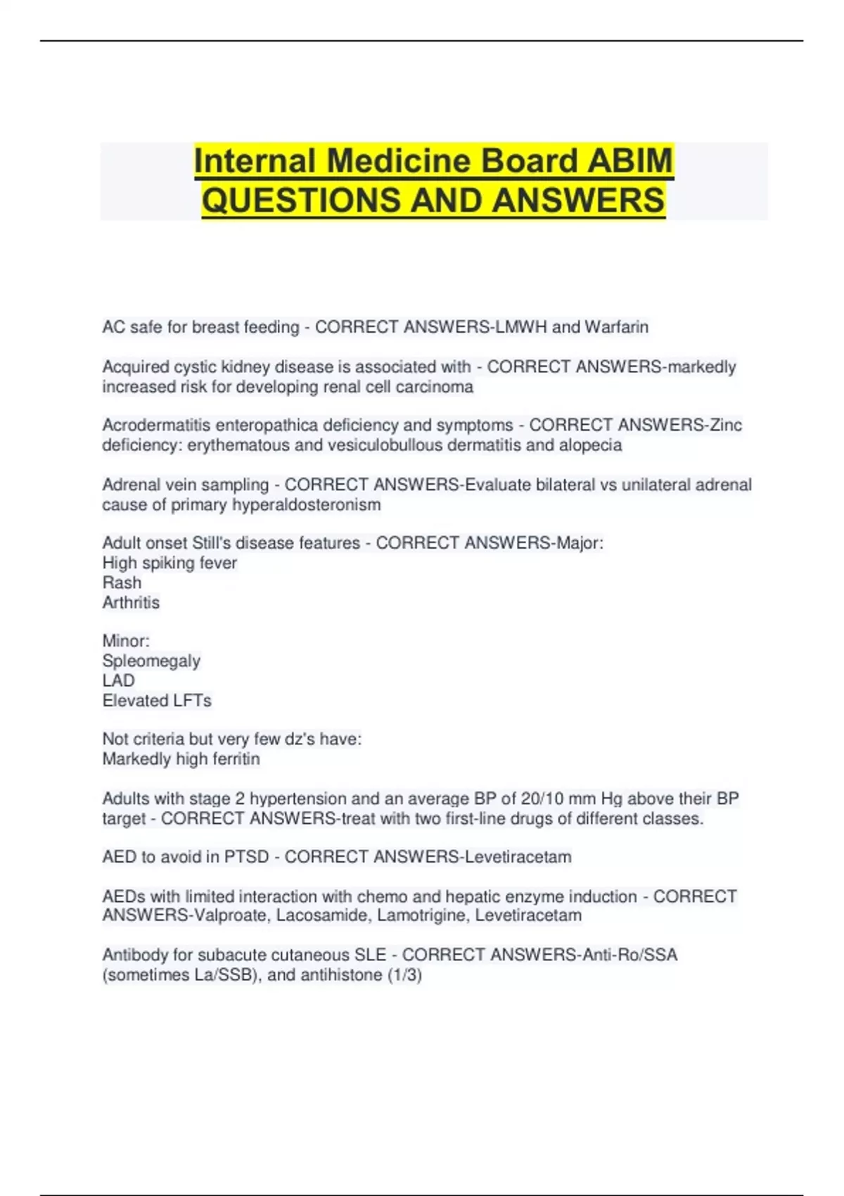 Internal Medicine Board ABIM QUESTIONS AND ANSWER - ANP - Stuvia US