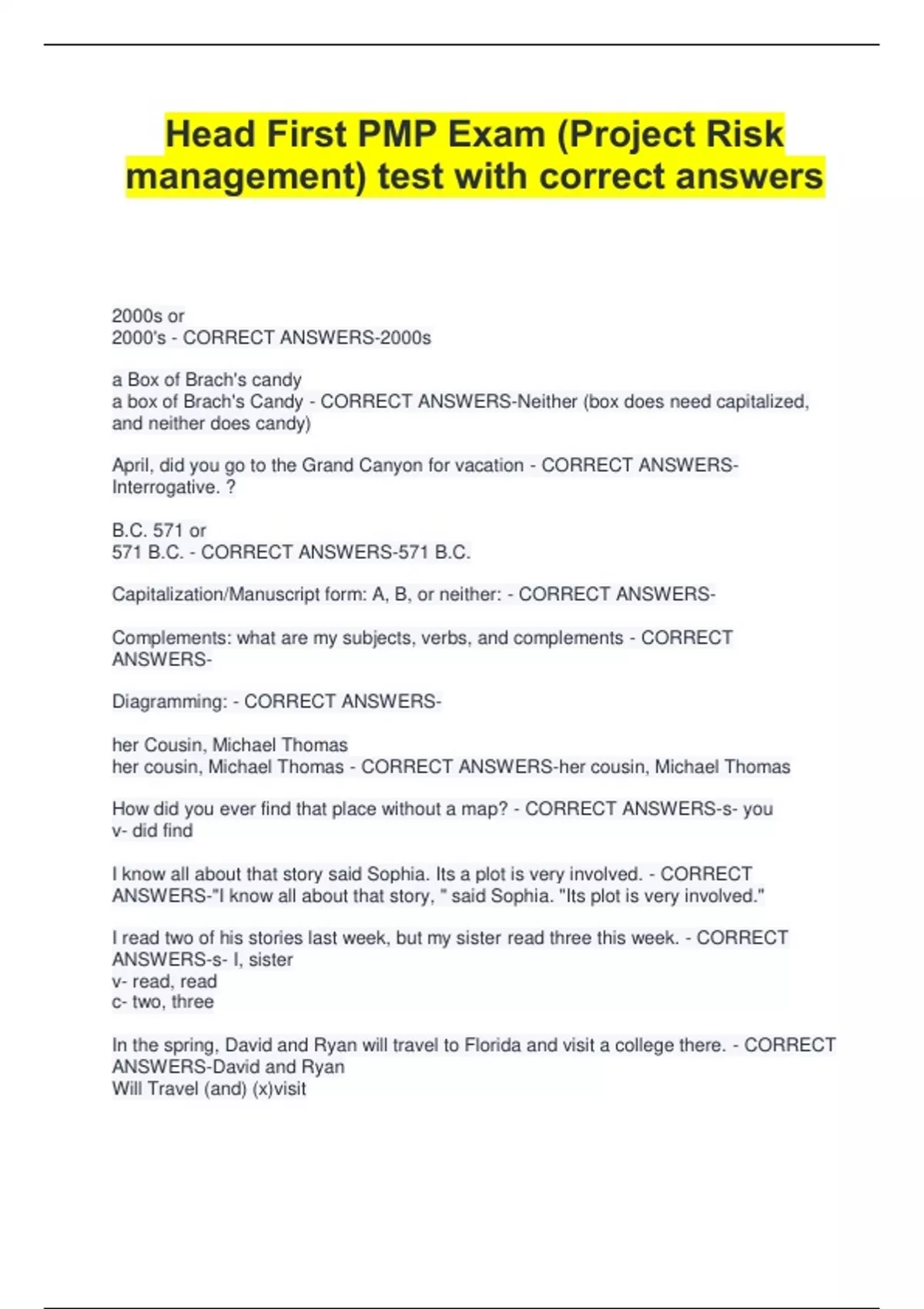 Head First PMP Exam (Project Risk management) test with correct answers ...