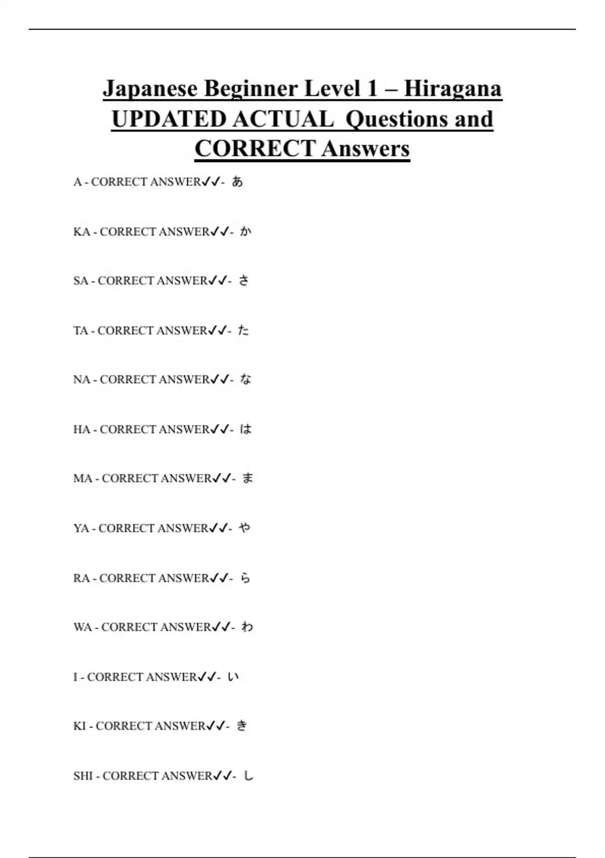 Japanese Beginner Level 1 – Hiragana UPDATED ACTUAL Questions and ...