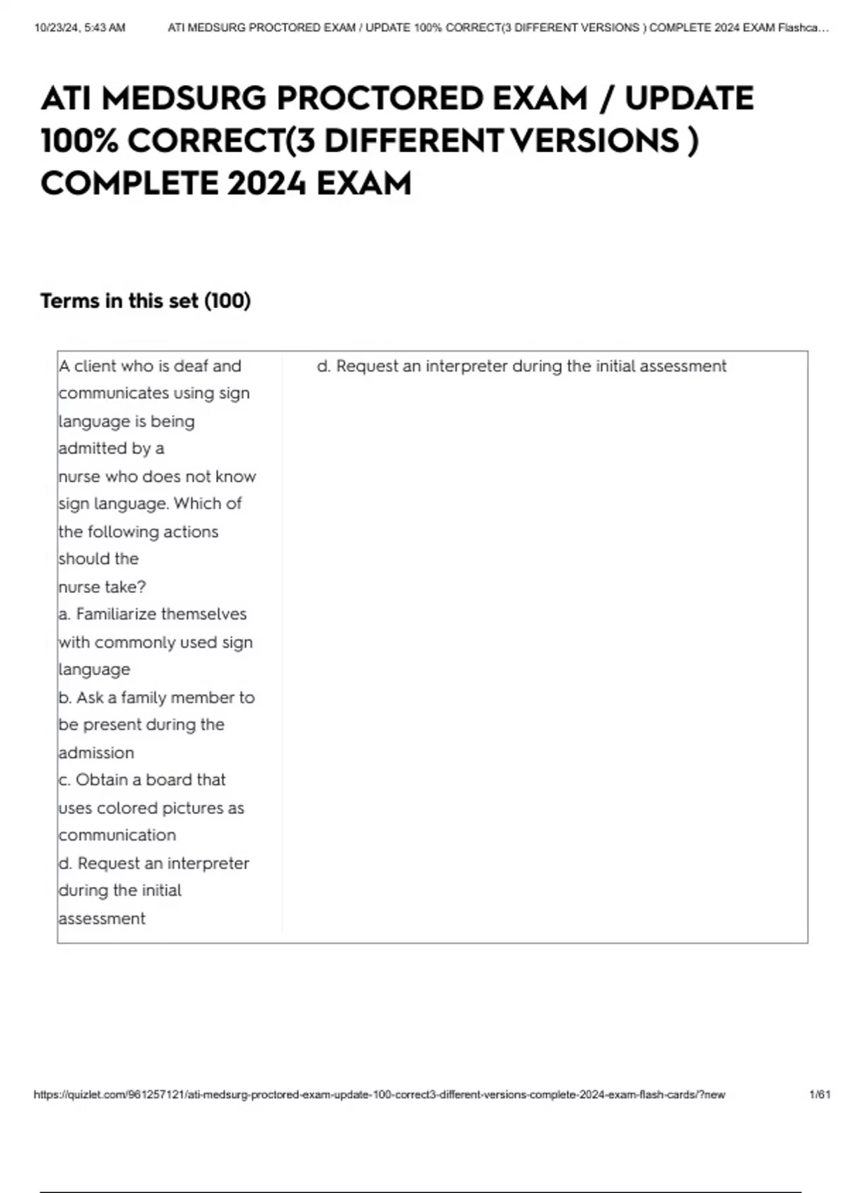 ATI MEDSURG PROCTORED EXAM / UPDATE 100% CORRECT(3 DIFFERENT VERSIONS ...
