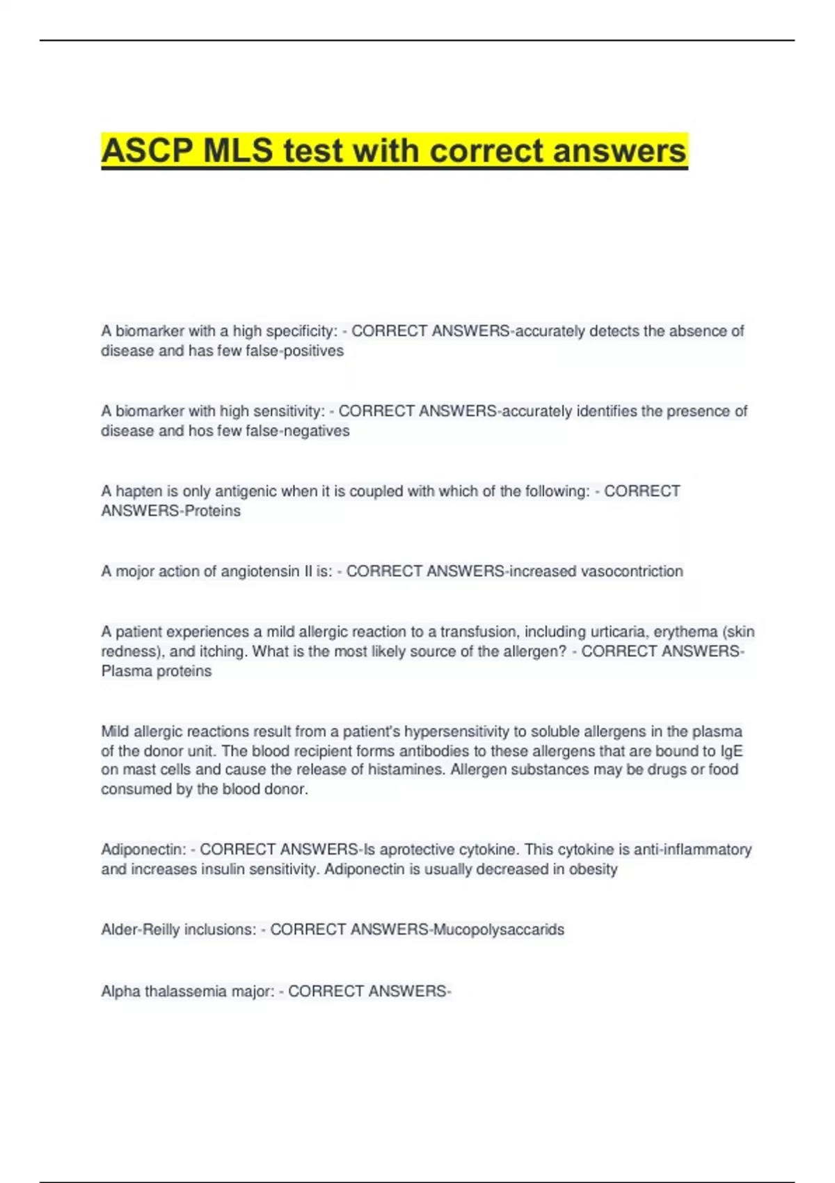 MLT ASCP Practice Test Questions board practice with correct answers ...