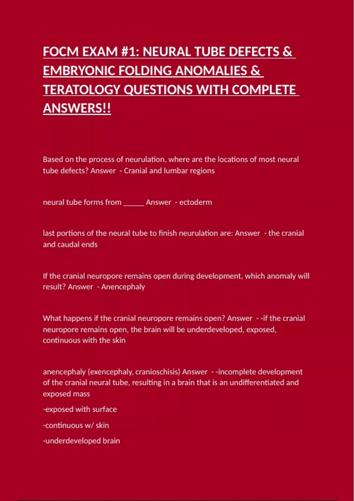 FOCM EXAM #1: NEURAL TUBE DEFECTS & EMBRYONIC FOLDING ANOMALIES ...
