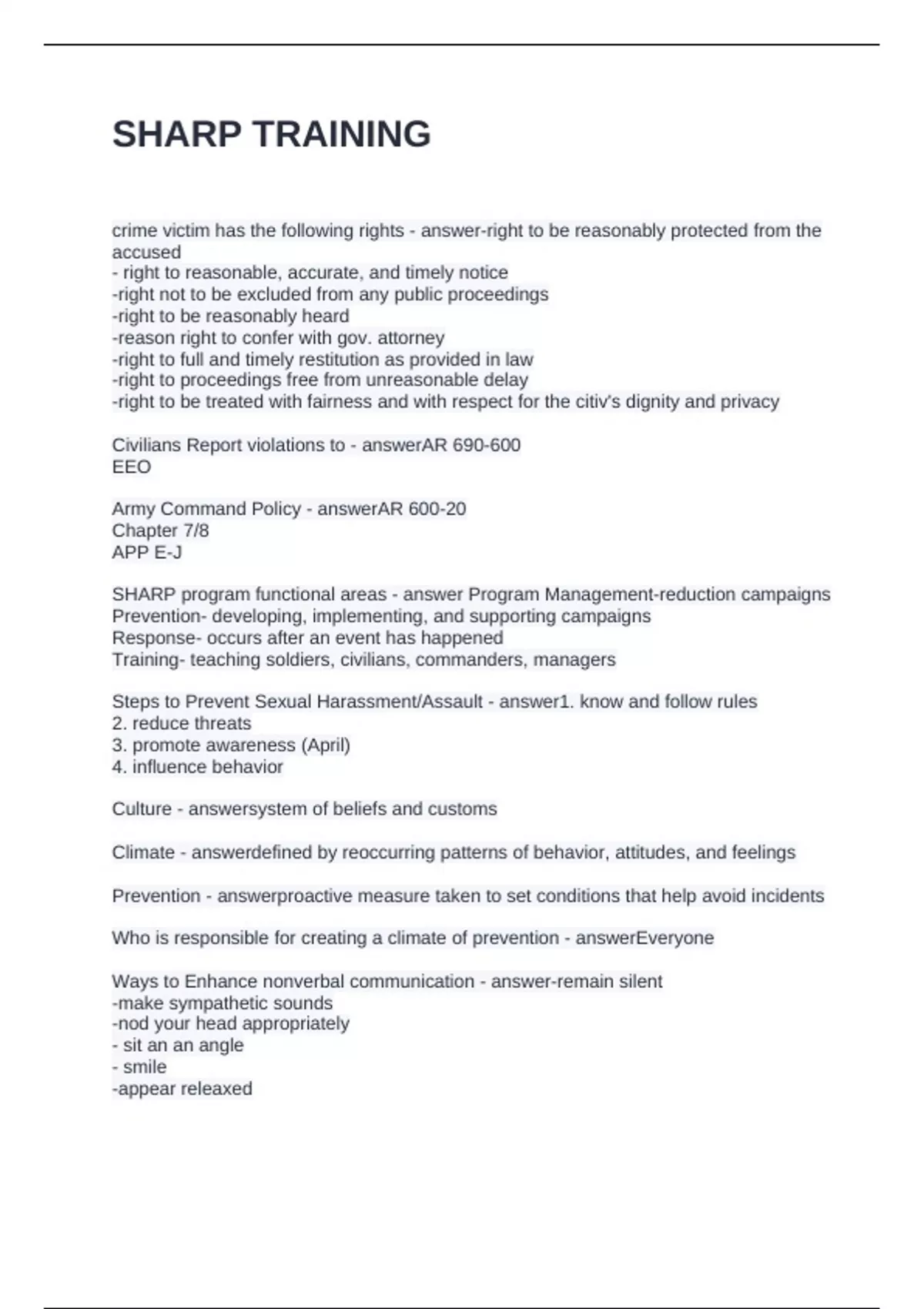 SHARP TRAINING QUESTIONS AND ANSWERS 2024 - SHARP - Stuvia US