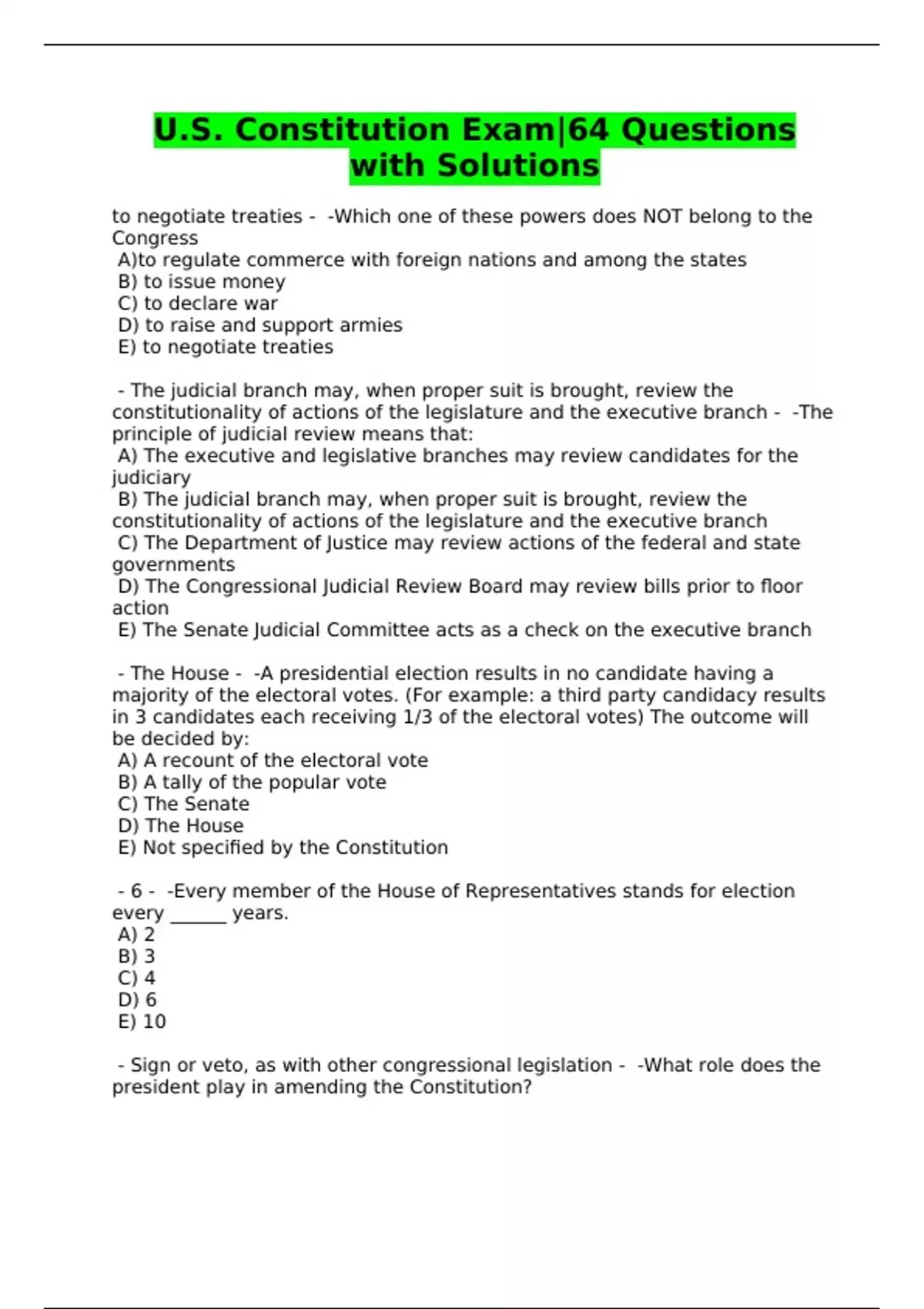 U.S. Constitution Exam|64 Questions with Solutions - U.S. Constitution ...