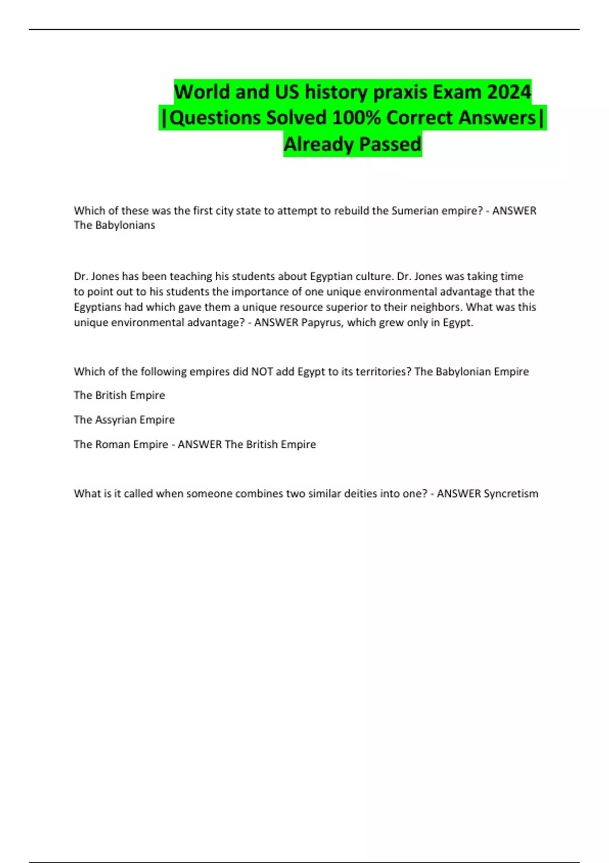 World and US history praxis Exam 2024 |Questions Solved 100% Correct ...