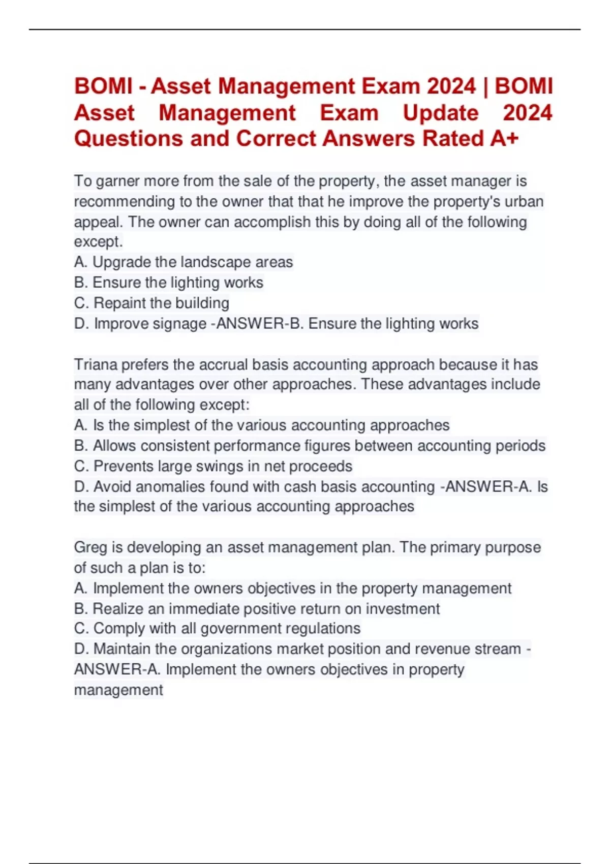 BOMI - Asset Management Exam 2024 | BOMI Asset Management Exam Update 2024 Questions and Correct ...