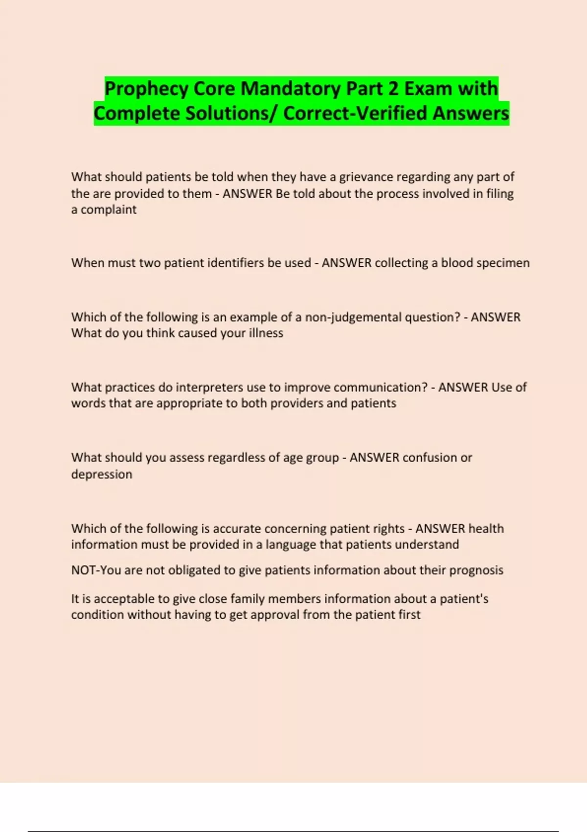 Prophecy Core Mandatory Part 2 Exam with Complete Solutions/ Correct ...