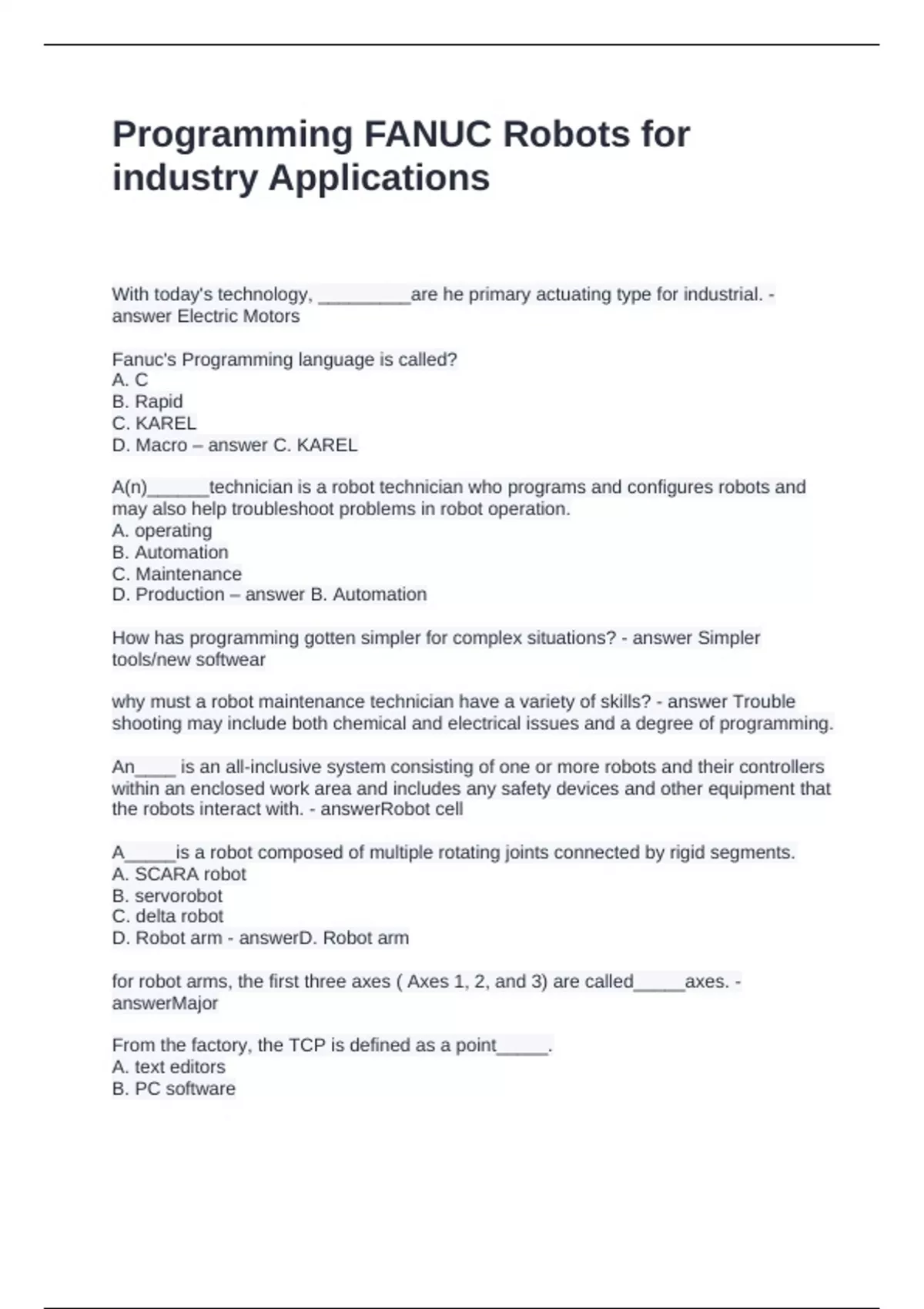 Programming FANUC Robots for industry Applications Questions and Answers 2024 - FANUC - Stuvia US