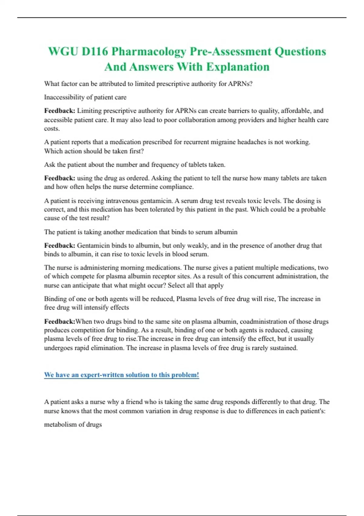 WGU D116 Pharmacology Pre-Assessment Questions And Answers With ...